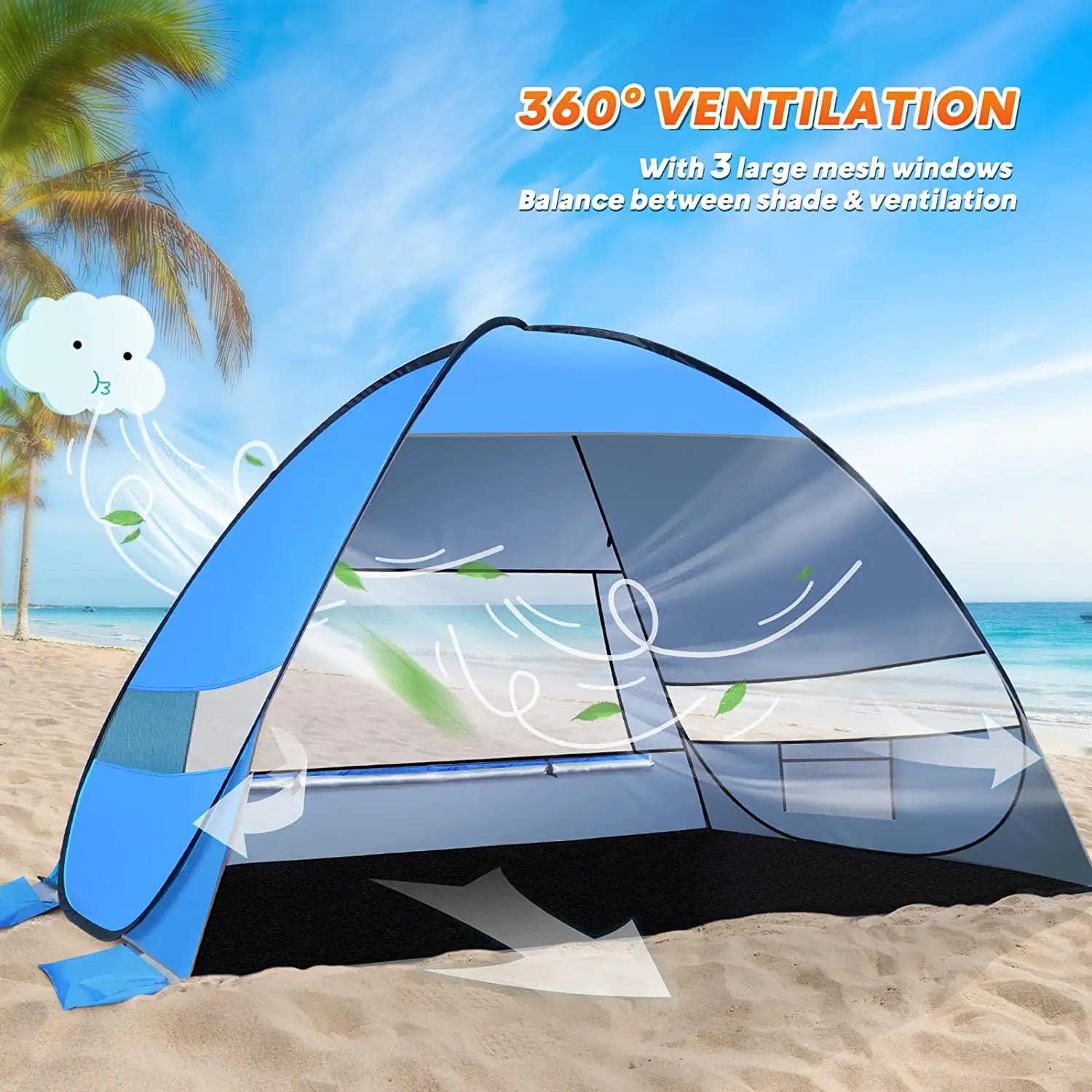 Pop Up Beach Tent for 4 Person Easy Setup and Portable Beach Shade Sun Shelter Canopy with UPF 50+ UV Protection for Family Size
