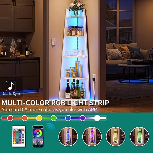 YITAHOME Corner Shelf Stand with Led Light, 70.9" Ladder Corner Bookshelf, Modern 5 Tier Corner Bookcase, Wooden Open Display Shelving Storage Rack for Bedroom, Living Room, Home Office, White