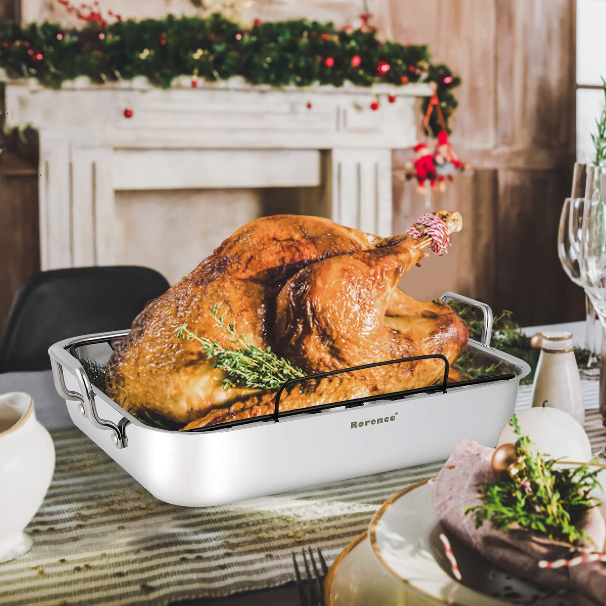 Rorence Roasting Pan with Rack: 16-Inch Stainless Steel Rectangular Turkey Roaster pan with Nonstick V-Shaped Rack for Thanksgiving Christmas – Set of 5