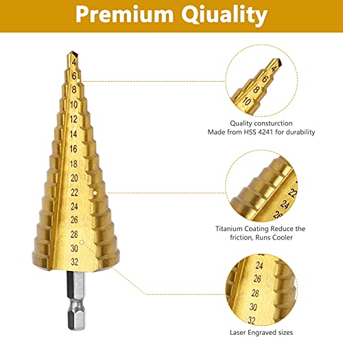 PRECIHW 15 Sizes Step Drill Bit, 4mm-32mm (3/16" to 1-1/4") Titanium Coated Multi Step Drill Bits for Sheet Metal Hole Drilling, HSS Multi Size Unibit Drill Bits for Metal, Aluminium and Wood