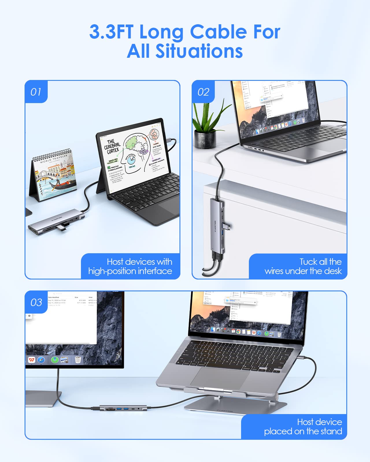 LENTION 3.3FT Long Cable USB C Hub with 4K HDMI, 2 USB 3.0, Card Reader, Aux, Type C Data/Charging Compatible 2023-2016 MacBook Pro, Mac Air/Surface, More, Stable Driver Adapter (CB-C37, Space Gray)