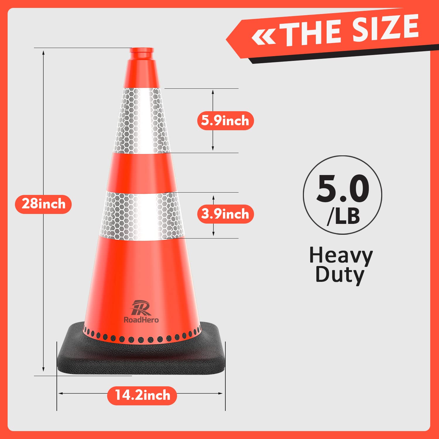 RoadHero (8 Pack) Traffic Safety Cones 28 Inch, PVC Cone with Black Weighted Base, Orange Cones with Reflective Collars for Parking Lot, Road Safety, Construction Events
