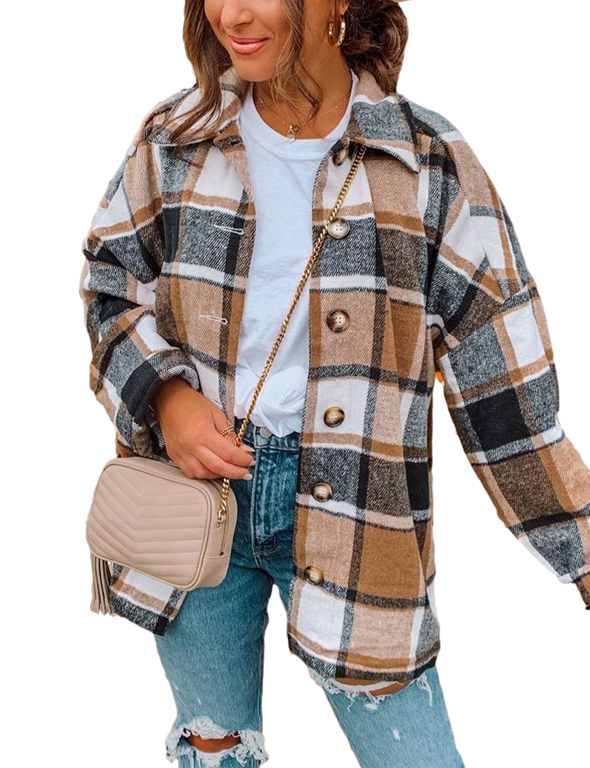 Lentta Women's Flannel Plaid Shacket Jacket Casual Fall Wool Blend Button Up Shirt Coat(Khaki-L)