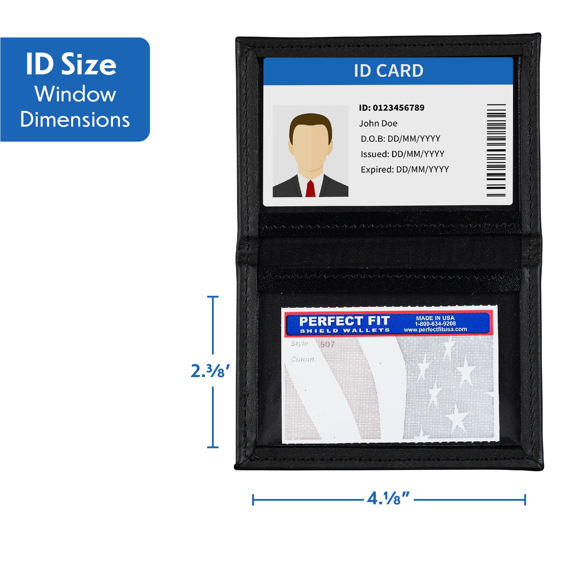 Perfect Fit Shield Wallets Slim Dress Leather 2 ID Windows Wallet Bifold License Holder Dual Double I.D. Case Card Permit For Larger Cards Minimalist Wallet