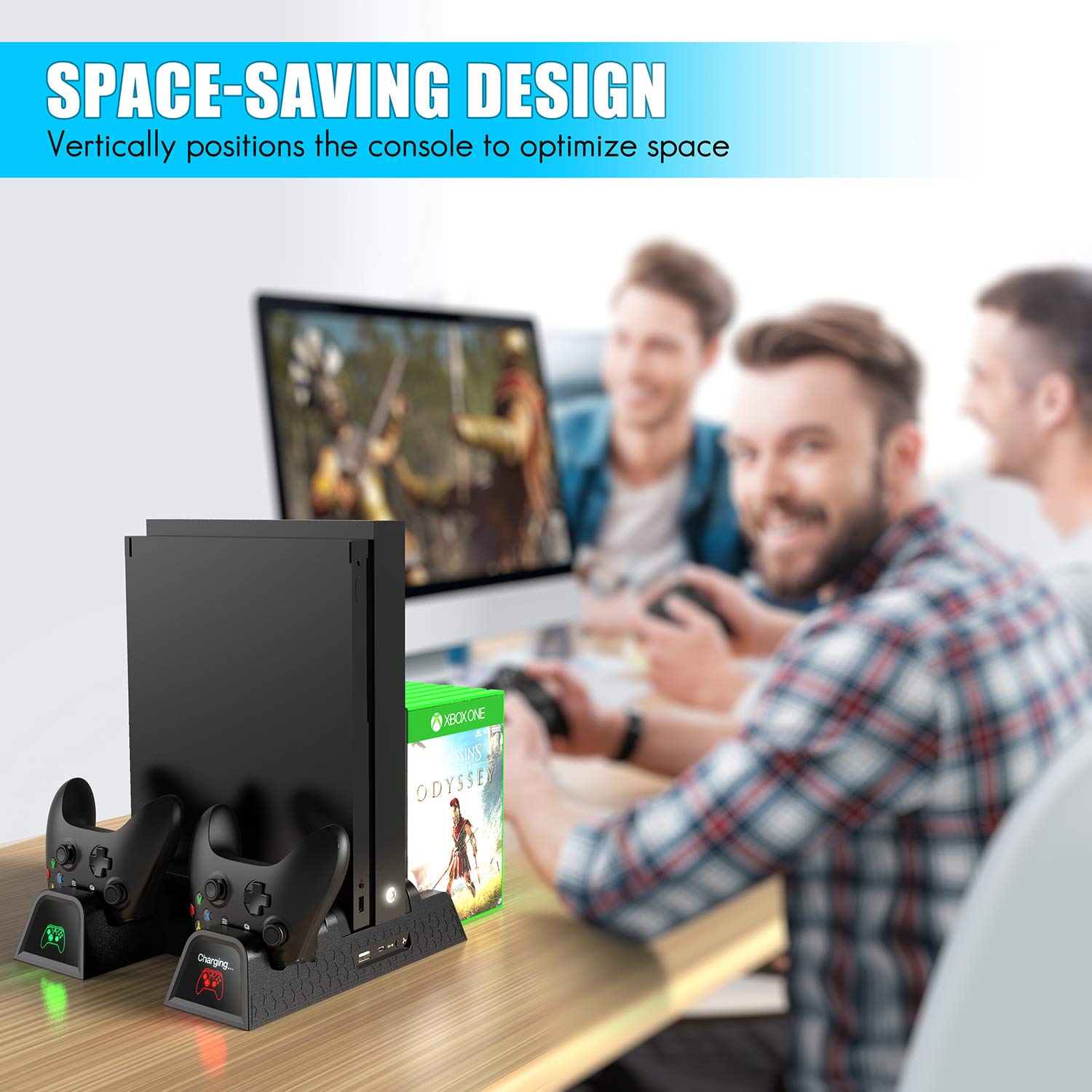KINGTOP Cooling Stand Compatible with Xbox One/One S/One X, Vertical Cooling Fan with 2 Pack 600mAh Batteries, Games Storage, Dual Controller Charging Station for Xbox One/One S/One X (Black)