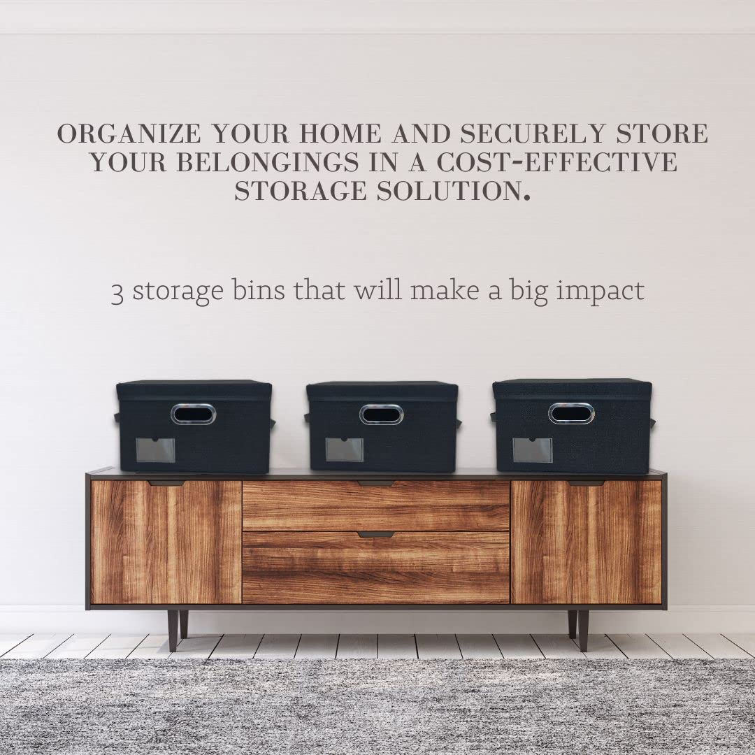 Larg black storage bins with lids [3-Pack], storage box with lid [14.5" L x 10" W x 3.9" H], storage boxes decorative, Foldable Storage Boxes Organizer