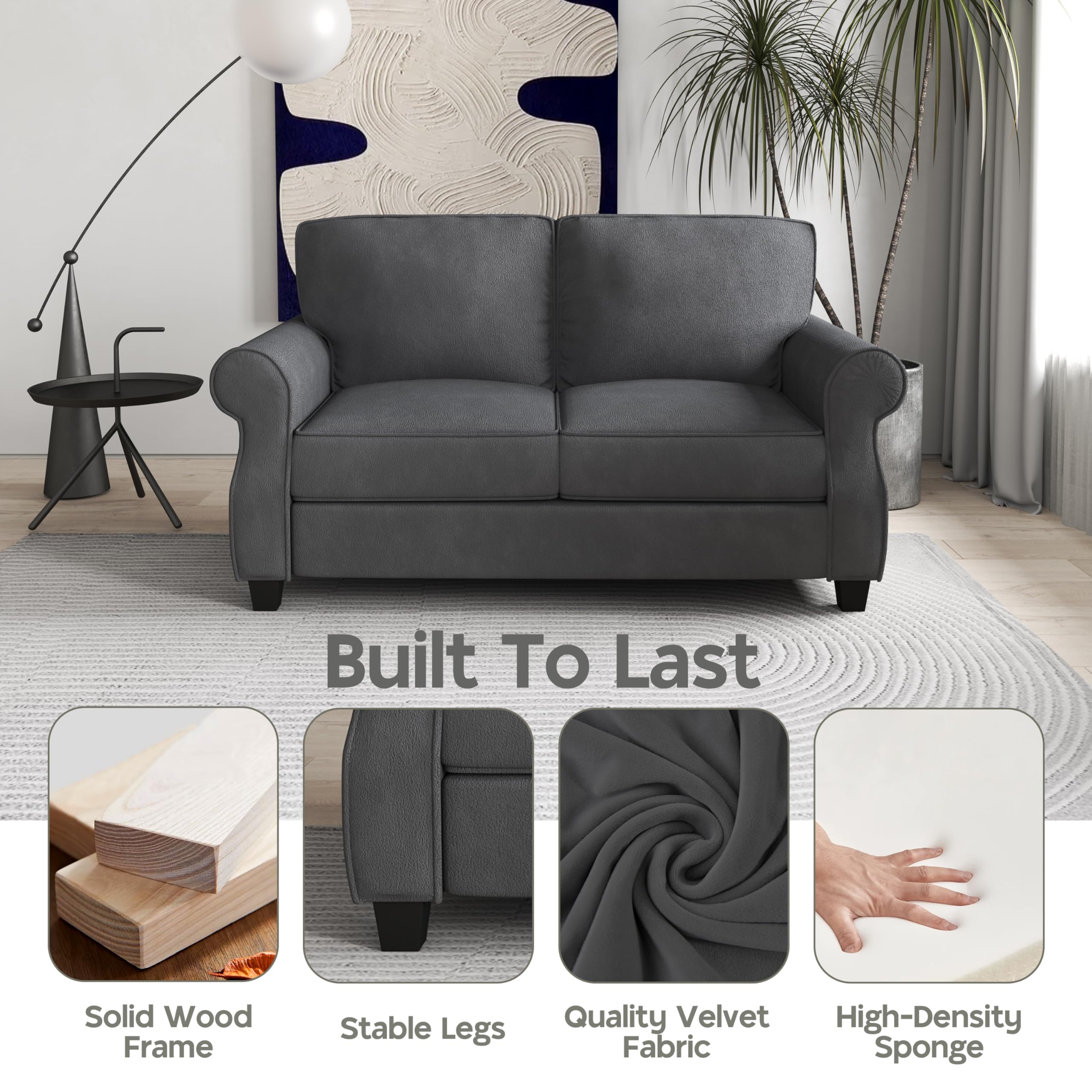 Yattem 56β Loveseat Sofa Couch: Modern Small Dark Gray Velvet Loveseat Sofa Couch - Small Space Saving Modern Upholstered 2 Seater Love Seat Sofa Couch for Living Room Bedroom Apartment Small Space