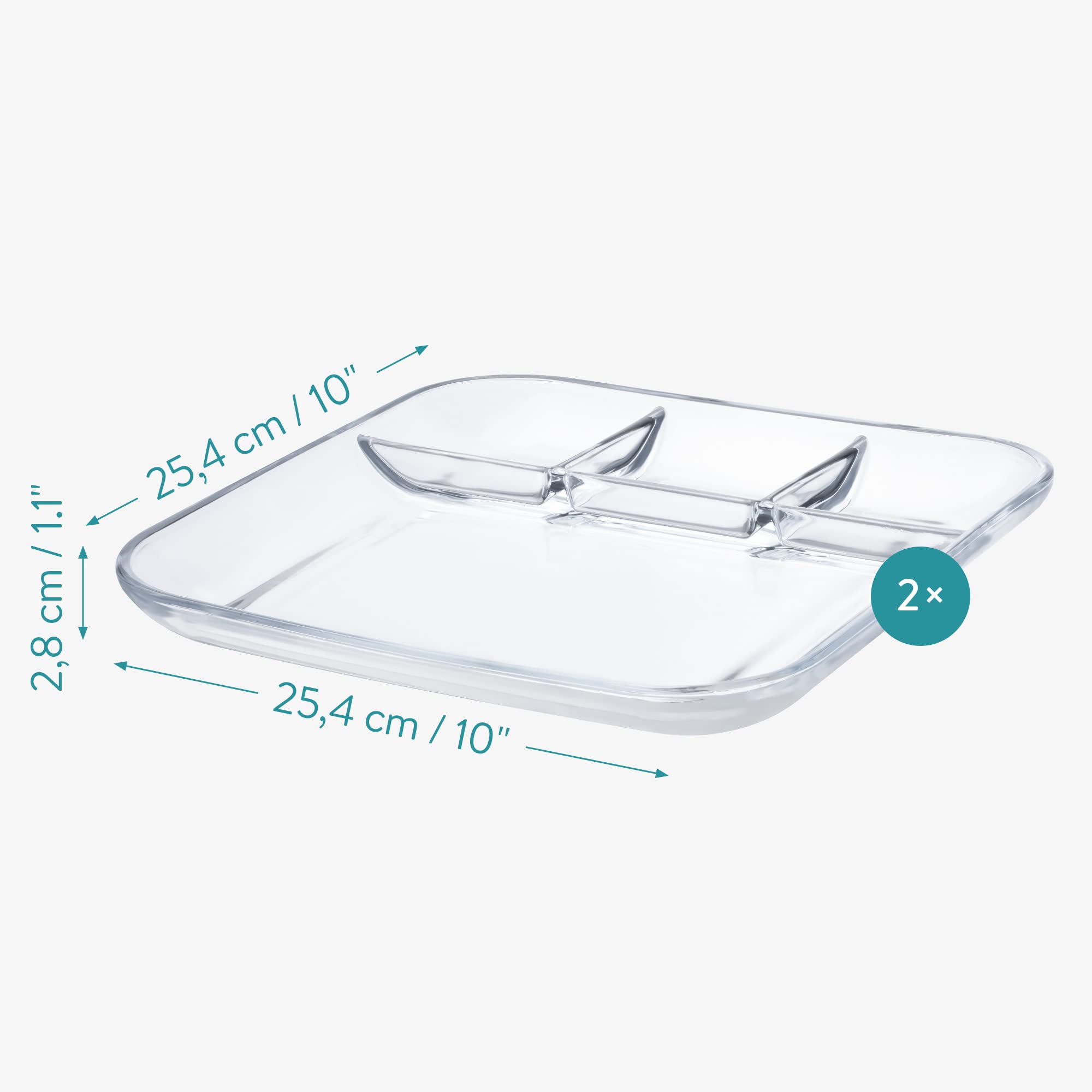 Navaris Glass Divided Plates (Set of 2) - 4 Section Divider Snack Plate for Adults, Serving, Portion Control - Square Clear Platter with Food Dividers