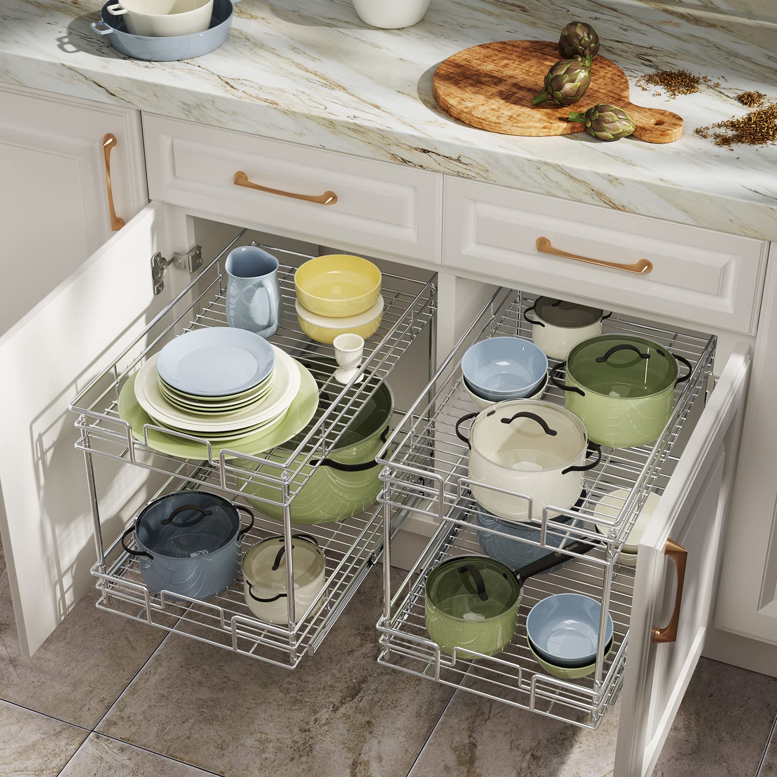 LOVMOR Cabinet Organizer, 2-Tier Pull Out Cabinet Organizers 11" W x 21" D, Pull Out Home Organizers Chrome Pull Out Drawer for Base Cabinet Silver
