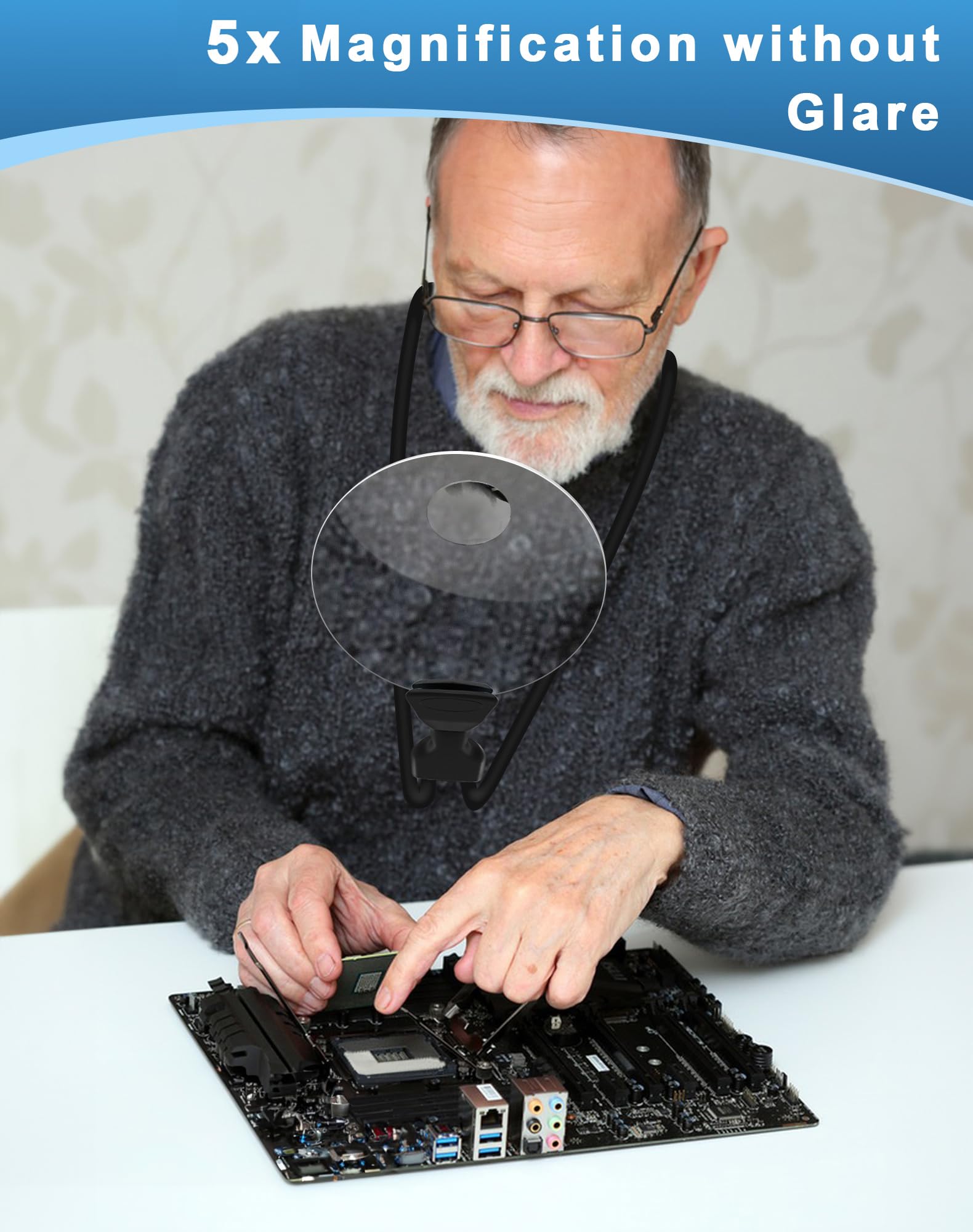 Magnifying Glass for Reading with 5.12in Diameter Magnifying Lens, 5X Neckwear Hands Free Magnifier with Stand for Seniors and Low Vision When Sewing, Cross Stitch, Needlepoint, Reading(Black)
