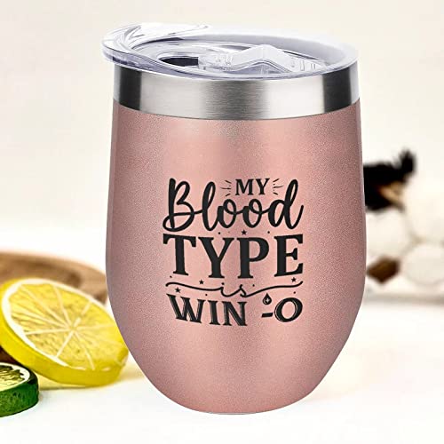 Mighun Wine Tumbler with Lid My Blood Type Is Win Vacuum Coffee Tumbler Stainless Steel Coffee Cup for Cold & Hot Drinks Wine Coffee Cocktails Beer (12 Oz, 1 Pack)