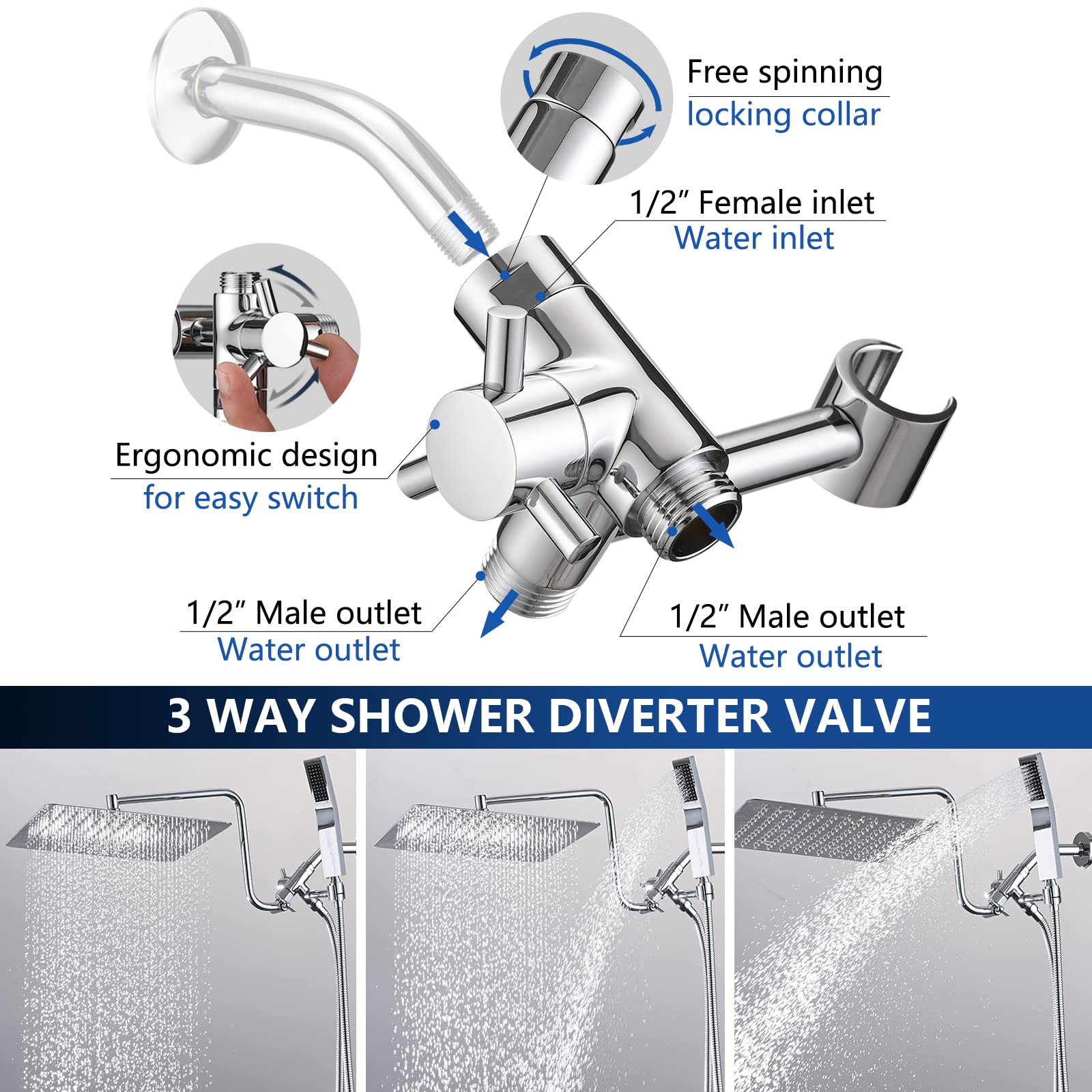 PDPBath All Metal Shower head with Handheld Combo, High Pressure 10" Rainfall Shower Head with Upgrade Adjustable Extension Arm, Shower Wand with 70" Extra Long Shower Hose, 3-Way Diverter-Chrome