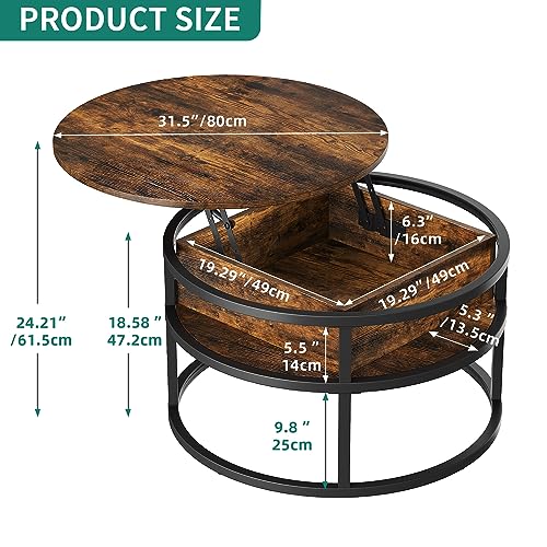 YITAHOME Round Lift Top Coffee Table, Coffee Tables with Living Room with Hidden Storage Compartment, Coffee Table with Storage for Home Office,Circle Center Tables Living Room,Rustic Brown