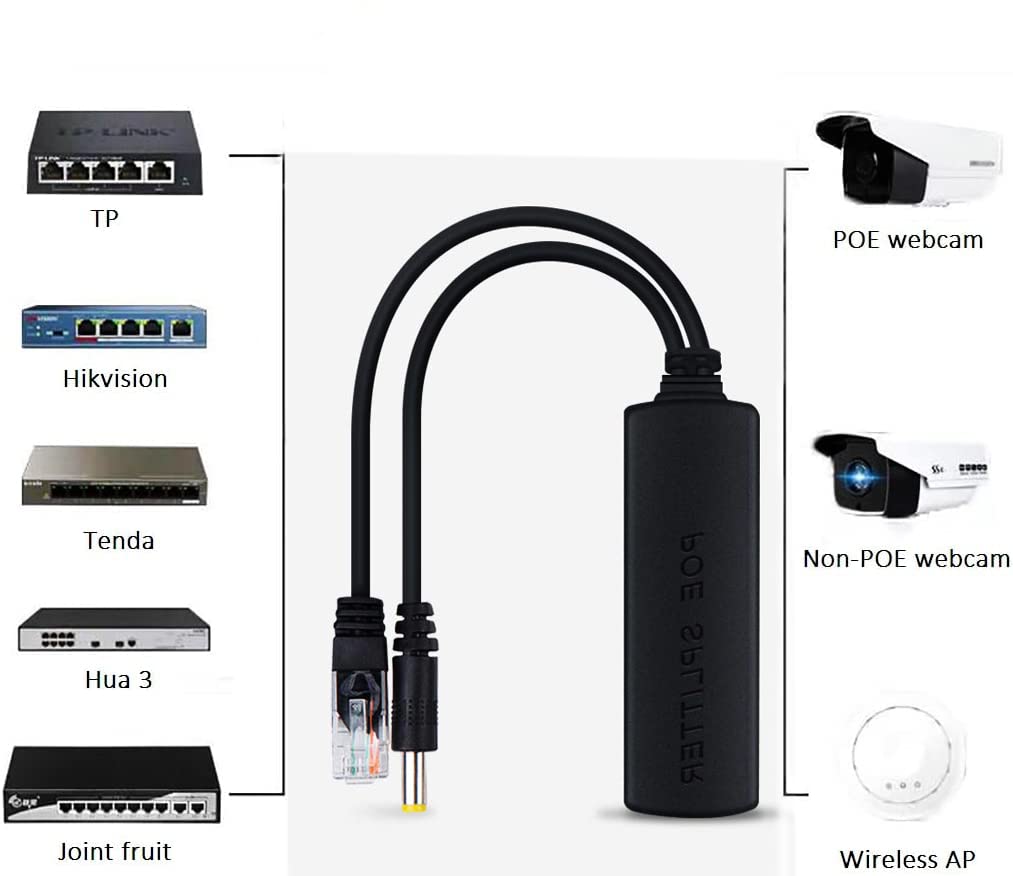 PoE Splitter 48V to 12V, Active POE Splitte Over Ethernet Splitter Network Adapters, IEEE 802.3AF Compliant 10/100Mbps, DC 12V Output, for Surveillance Camera AP VoIP Phone