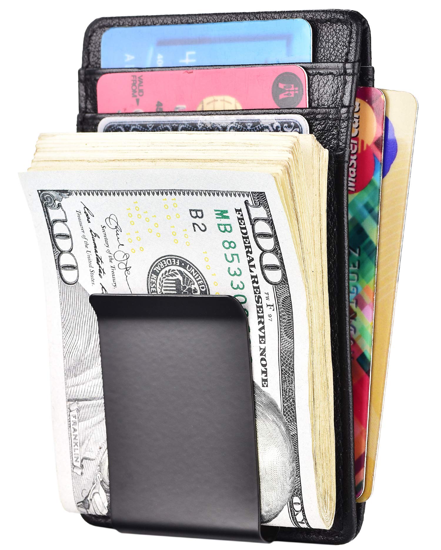 kinzd Money Clip Carbon Fiber RFID Blocking Front Pocket Leather ID Credit Card Holder Wallet for Men Black