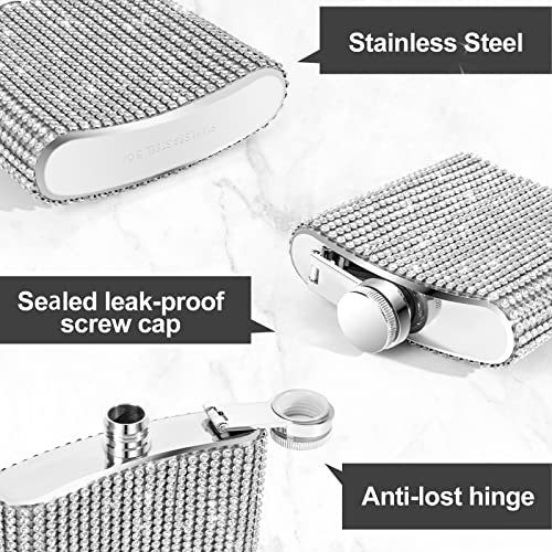 INSTOME Diamond Hip Flask,Flasks for Liquor for Women,6oz Bling Flasks for Liquor,Rhinestone Hip Flask Leakproof with Funnel,Leakproof Flask for Wine Whiskey Liquor Drinking (8+8, silver)