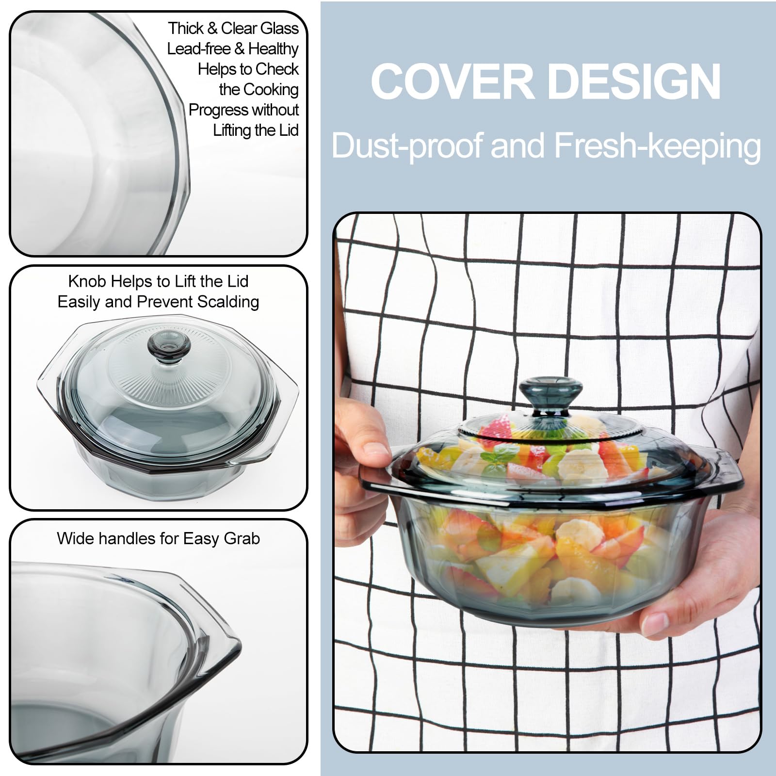 TIPTAP Casserole Dish,Baking Dish,Glass Casserole Dish with Lid,Corningware,Oven Safe, Microwave Safe, Fridge Safe,Round Casserole Dish With Lid, Mini Casserole Cookware with Handles,Bowls for Kitchen(33.08oz/1L)