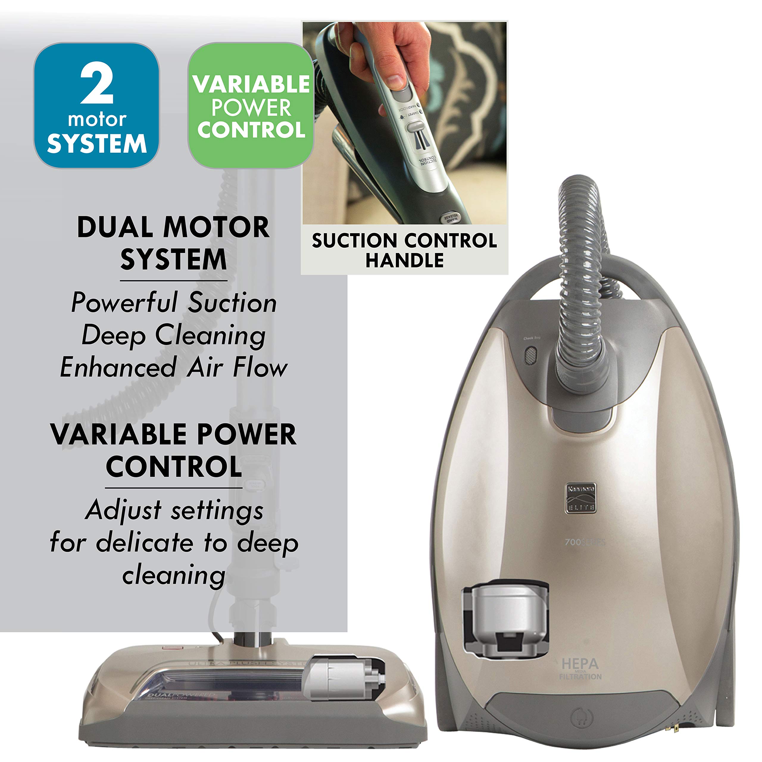 Kenmore Elite 81714 Pet Friendly Ultra Plush Lightweight Bagged Canister Vacuum with Pet PowerMate, HEPA, Extended Telescoping Wand, Retractable Cord, and 3 Cleaning Tools-Champagne