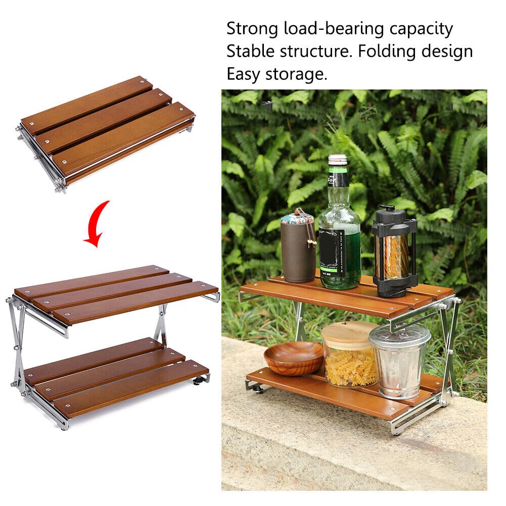 VANZAVANZU Folding Storage Rack 2-Tier Natural Wood Desktop Organizing Rack Multi-Function Indoor Outdoor Household Storage Shelf for Camping & Kitchen (yellowish brown)