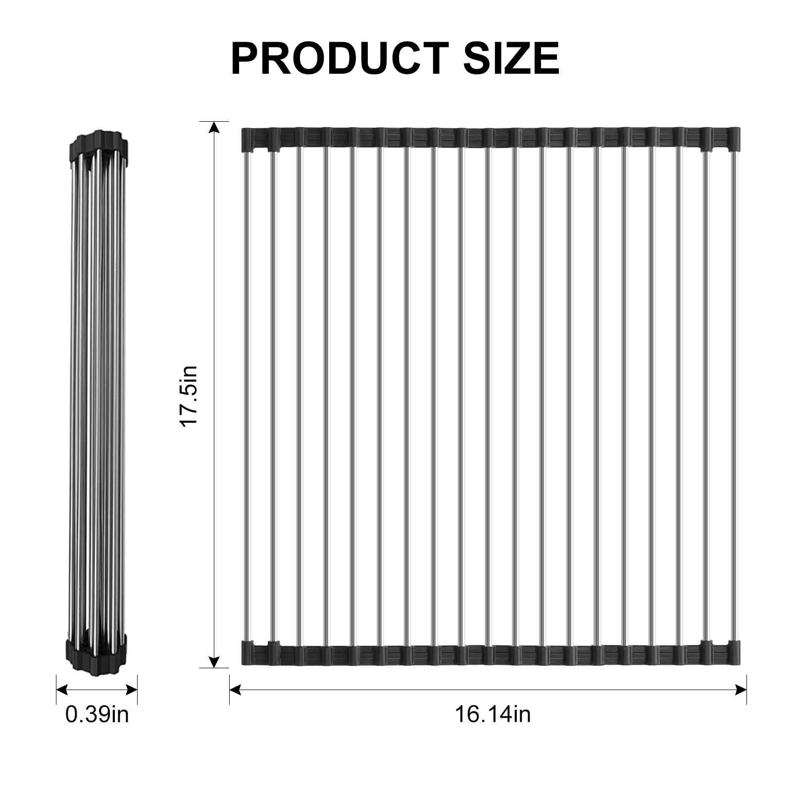 NileHome Roll Up Dish Drying Rack, Sink Drying Rack Over Sink Dish Drying Rack 304 Stainless Steel Foldable Drain Rack for Kitchen Sink Counter Utensils Vegetables and Fruits (17.5''X16.5''),Black