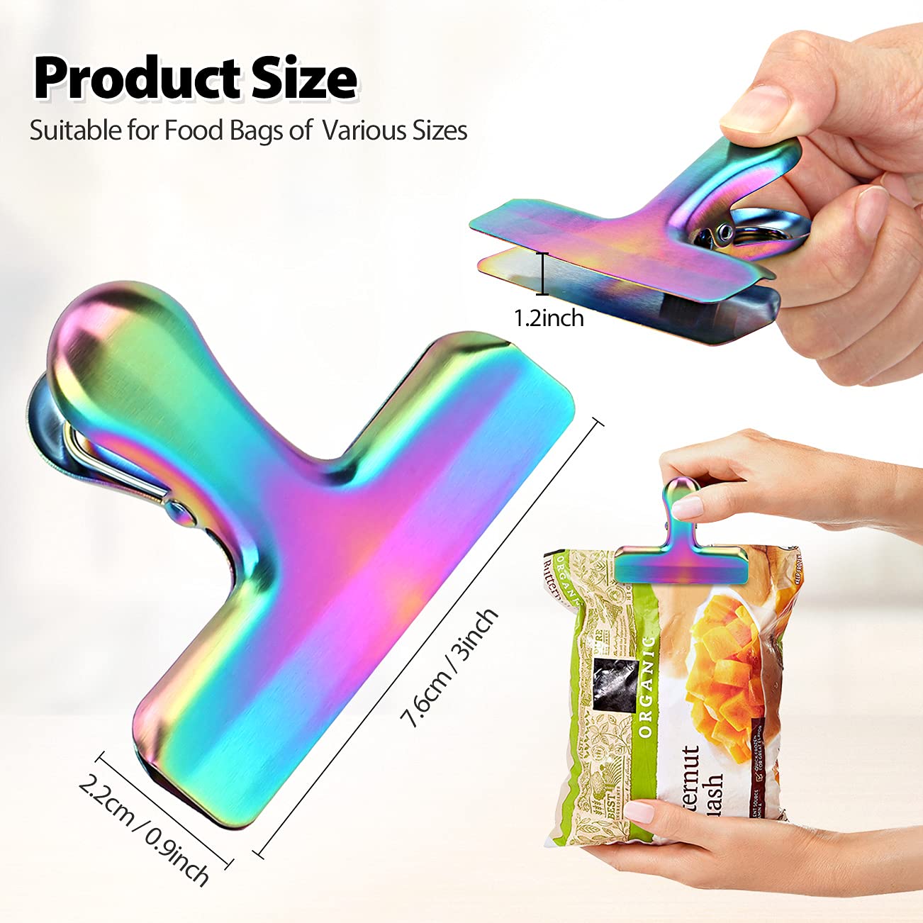 Pack of 8 Bag Clips, Stainless Steel and Heavy Duty Metal Bag Clip,Tightly Seals Chip, Coffee, Bread or Cereal Bags to Keep Food Fresh, for Home, Kitchen, Office, Pantry, Camping