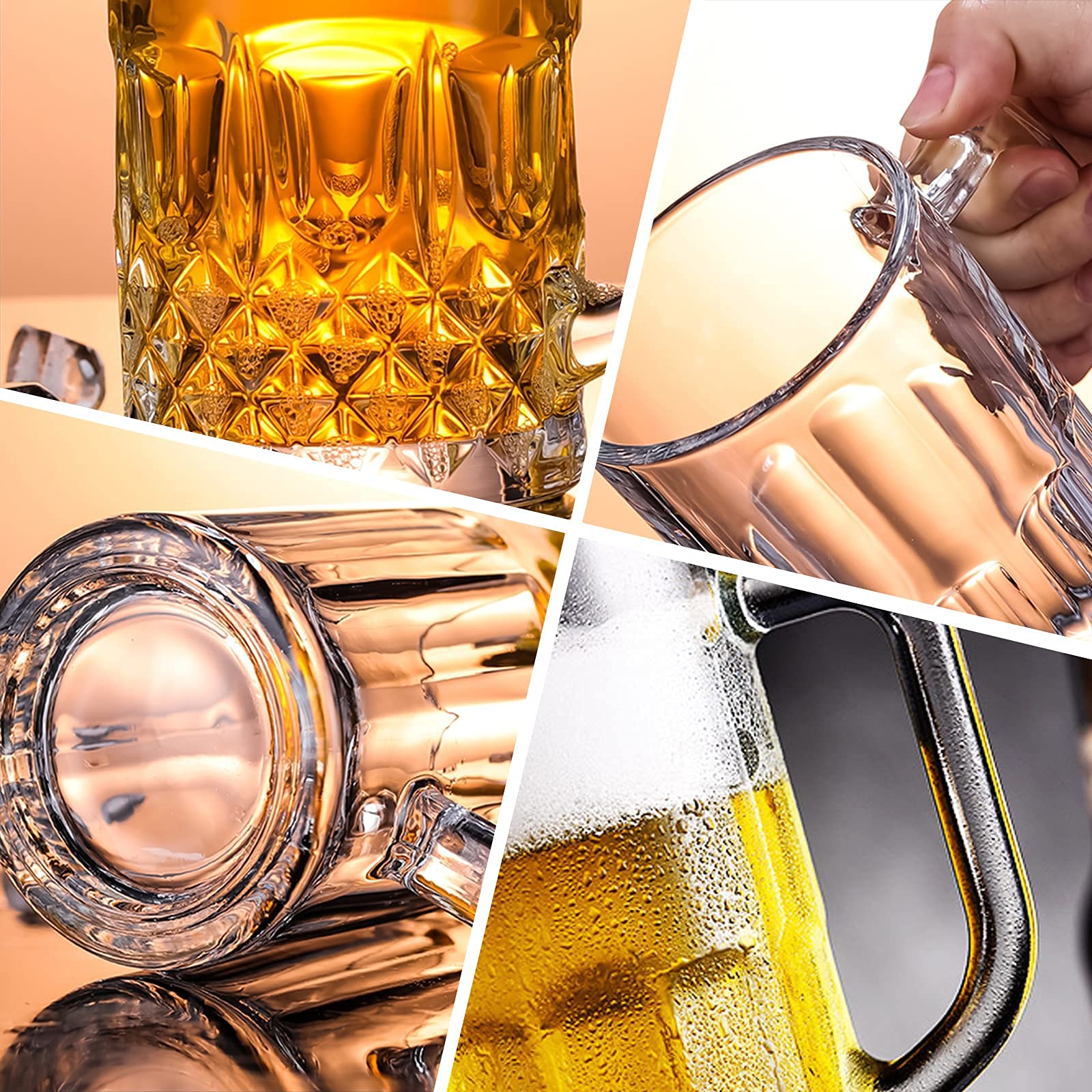 Momugs 32 Ounces Beer Stein Mugs - 2 Pack Extra Large German Style Clear Tall Beer Glasses for Men - Heavy Duty Thick Glass With Handle
