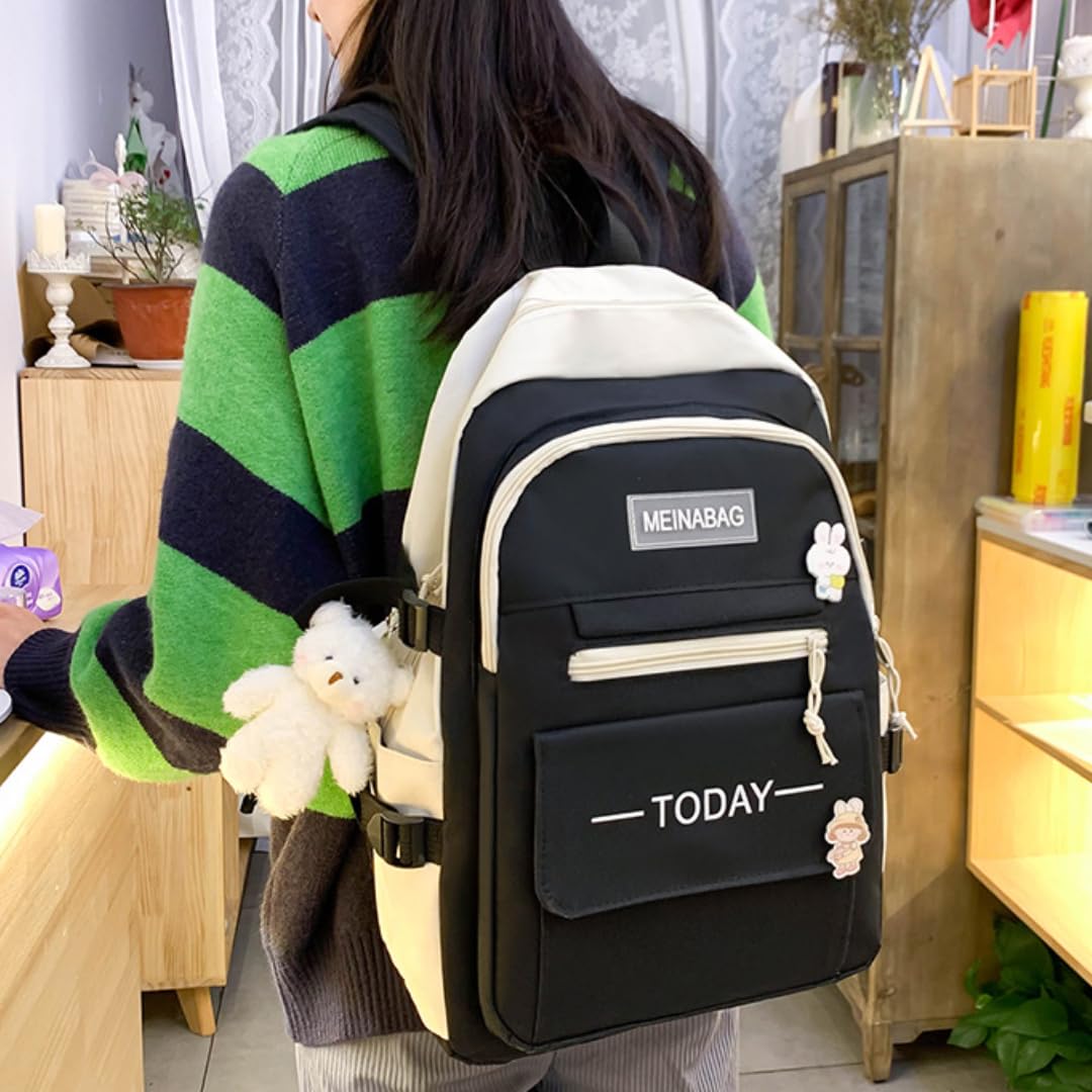 Josfey 5Pcs Kawaii Backpack Cute Backpack Aesthetic Backpack Preppy Backpack SetKawaii School Supplies with Accessories (Black)
