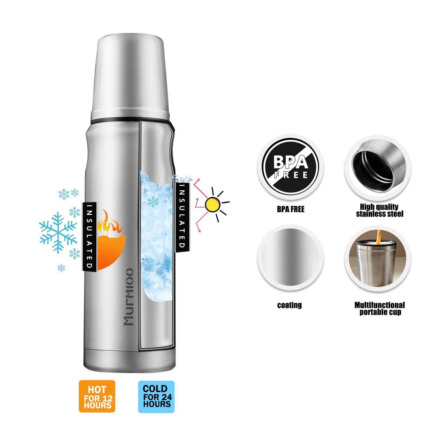Murmioo travel vacuum flask,stainless steel insulated bottle, built-in cap cup, cold for 24 hours, heat for 12 hours, BPA Free leak proof, sweat free 17oz/500ml Gray