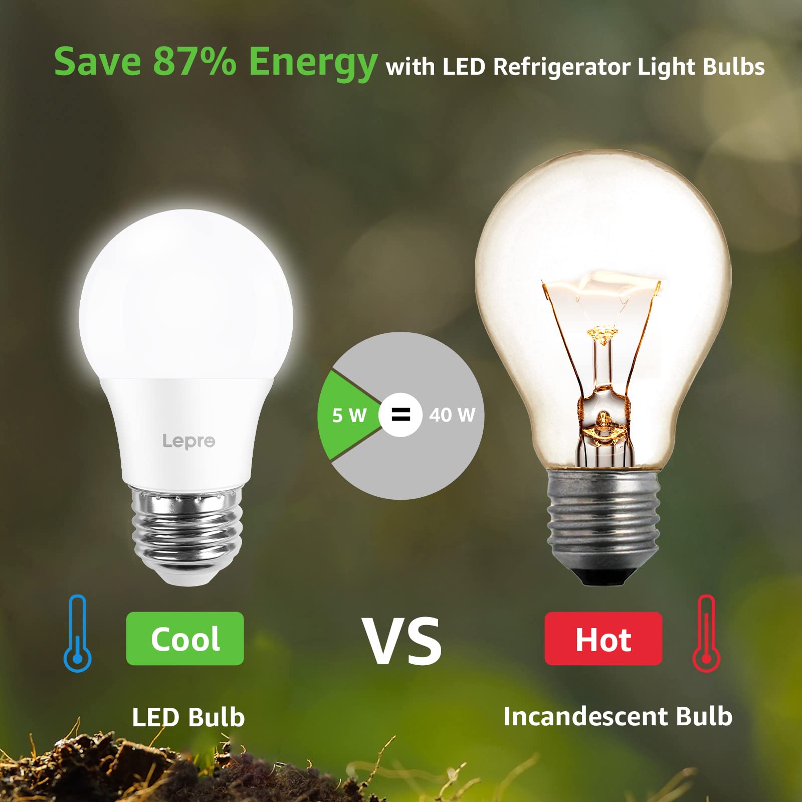 Lepro LED Refrigerator Light Bulb - 40W Equivalent Waterproof Appliance Bulb Replacement for Frigidaire, 5000K Daylight Non-Dimmable Freezer Bulbs with 450 Lumen, 120V 5W A15 E26 Medium Base, 2 Pack