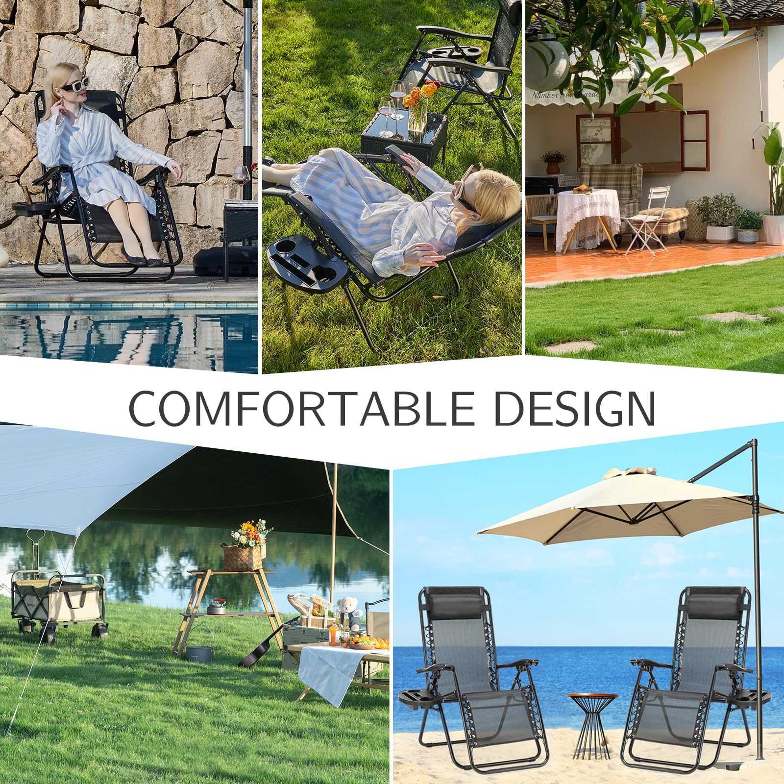 Sweetcrispy Zero Gravity Chairs, Set of 2 Portable Recliner Beach Camping Patio Outdoor Folding Lounge Chair with Cup Holder Trays and Adjustable Pillow for Poolside, Garden, Backyard, Lawn (Black)