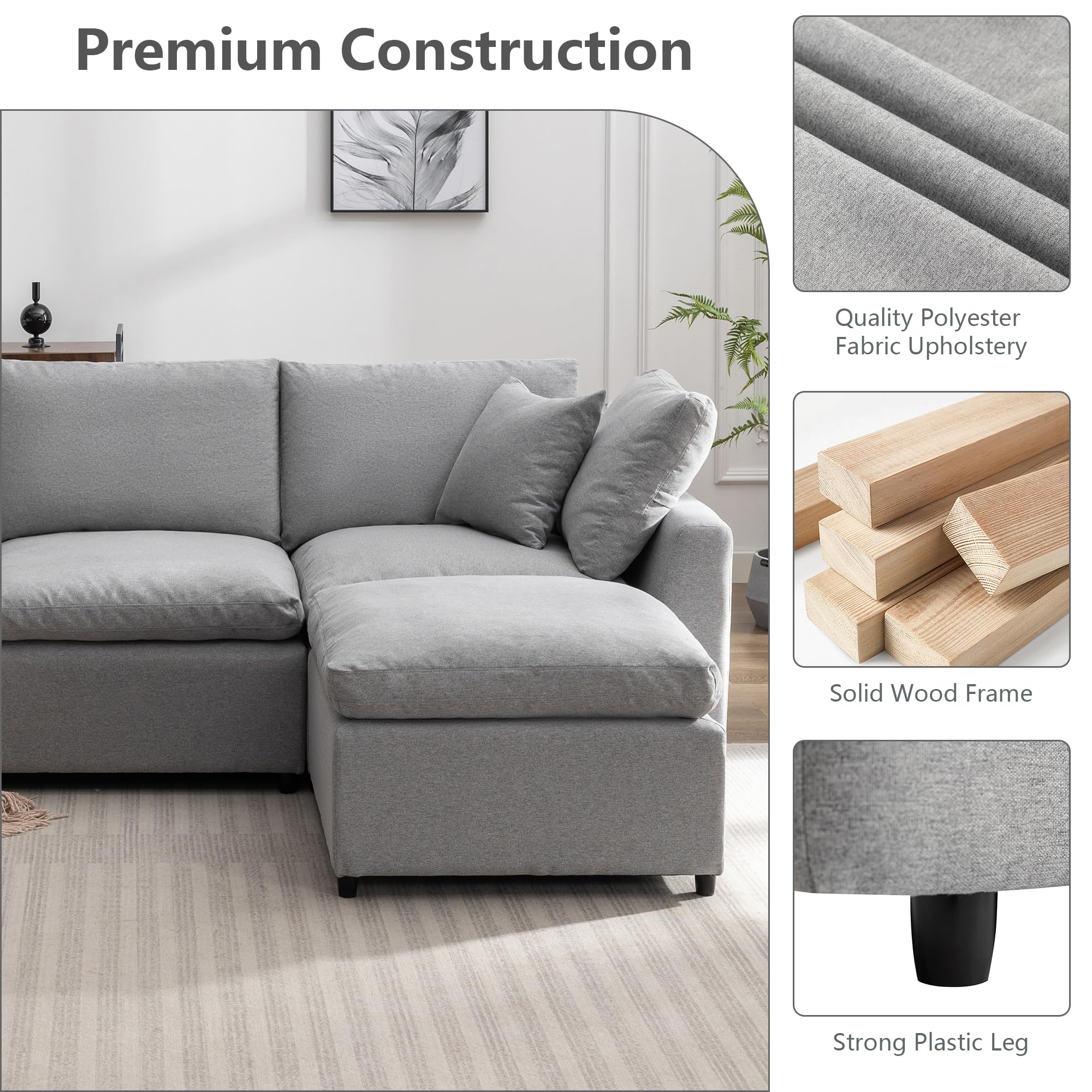 Tmsan 104" Modular Sectional Sofa Cloud Couch for Living Room, Modern Down Filled L Shaped Couch Set with 4 Pillows, Large 4 Seater Sofa with Reversible Ottoman for Apartment Office (Light Grey)