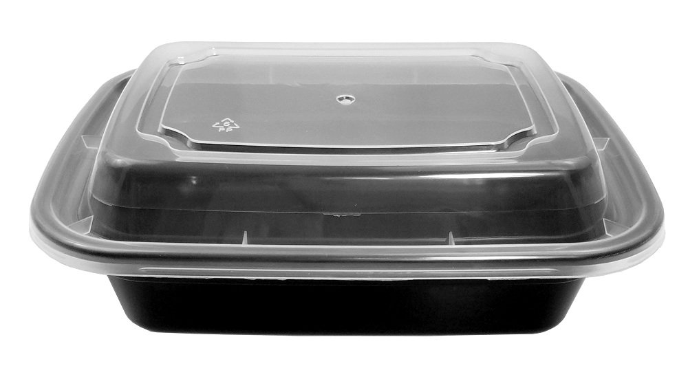 PACTOGO 12 oz. Rectangular Microwaveable Black Plastic Disposable Food Storage Container with Lids - BPA Free (Pack of 25 Sets)