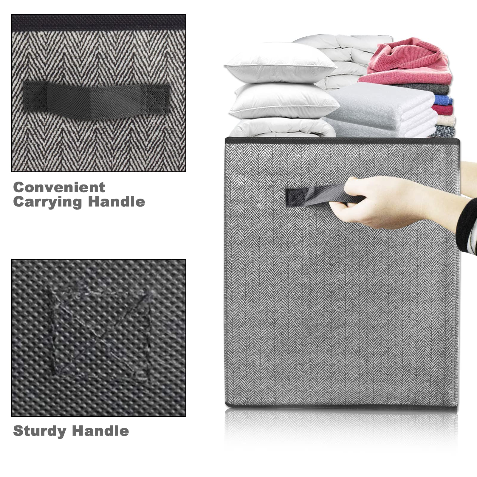 Large Toy Box Chest Organizer Bins for Boys Girls Kids, Collapsible Fabric Storage Basket Container with Flip-Top Lid & Handles for Clothes,Blanket,Nursery,Playroom,Bedroom, Herringbone Pattern(Gray)