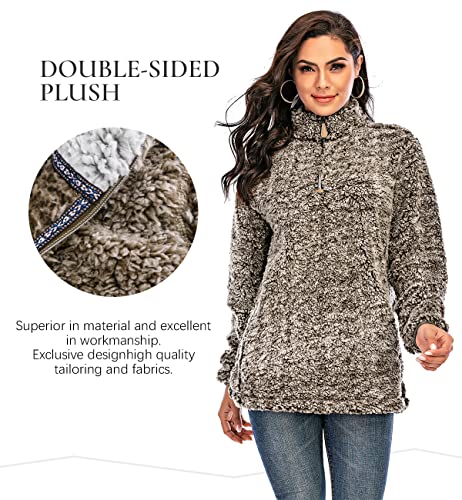 Les umes Women's Zipper Sherpa Pullover Fuzzy Fleece Sweatshirts Jacket Winter Oversized Outwear Coat Brown 2XL