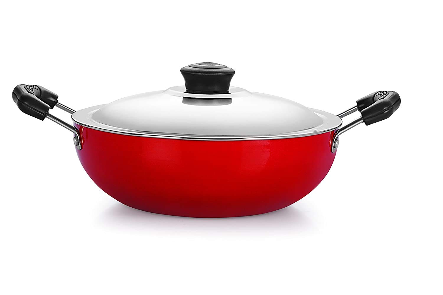Non-Stick Coating Kadai / Fry Pan with Steel Lid 2.6 mm(Red) ,Valentine Day Gifts