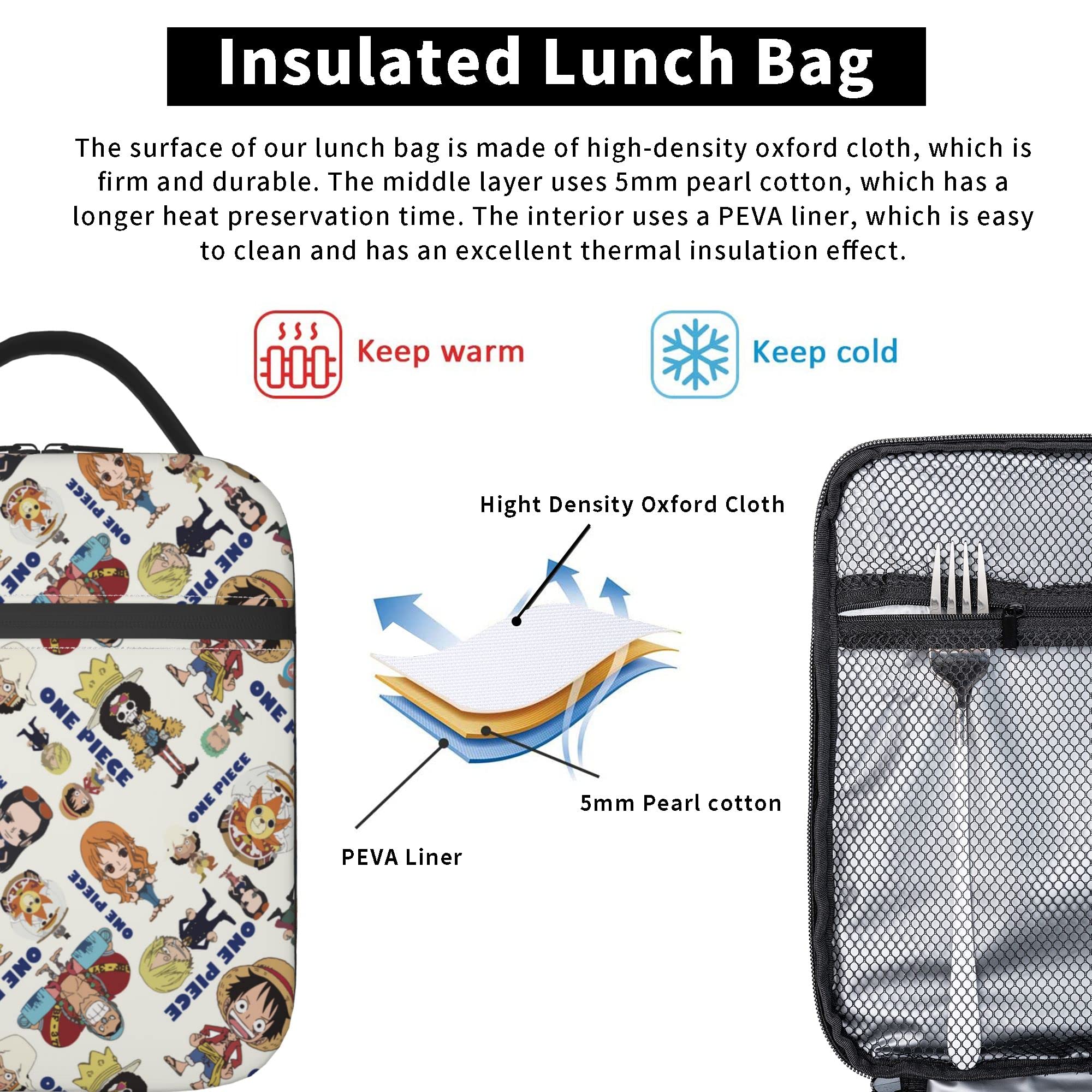 KERERI Anime Lunch Bag Boys Lunch Box With Bottle Holder Insulated Cooler Lunchbox For Kids Adults Work Office Picnic Beach (white)