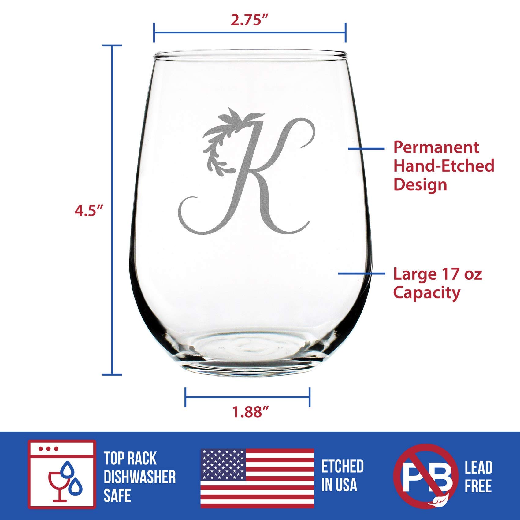 Monogram Floral Letter K - Stemless Wine Glass - Personalized Gifts for Women and Men - Large Engraved Glasses