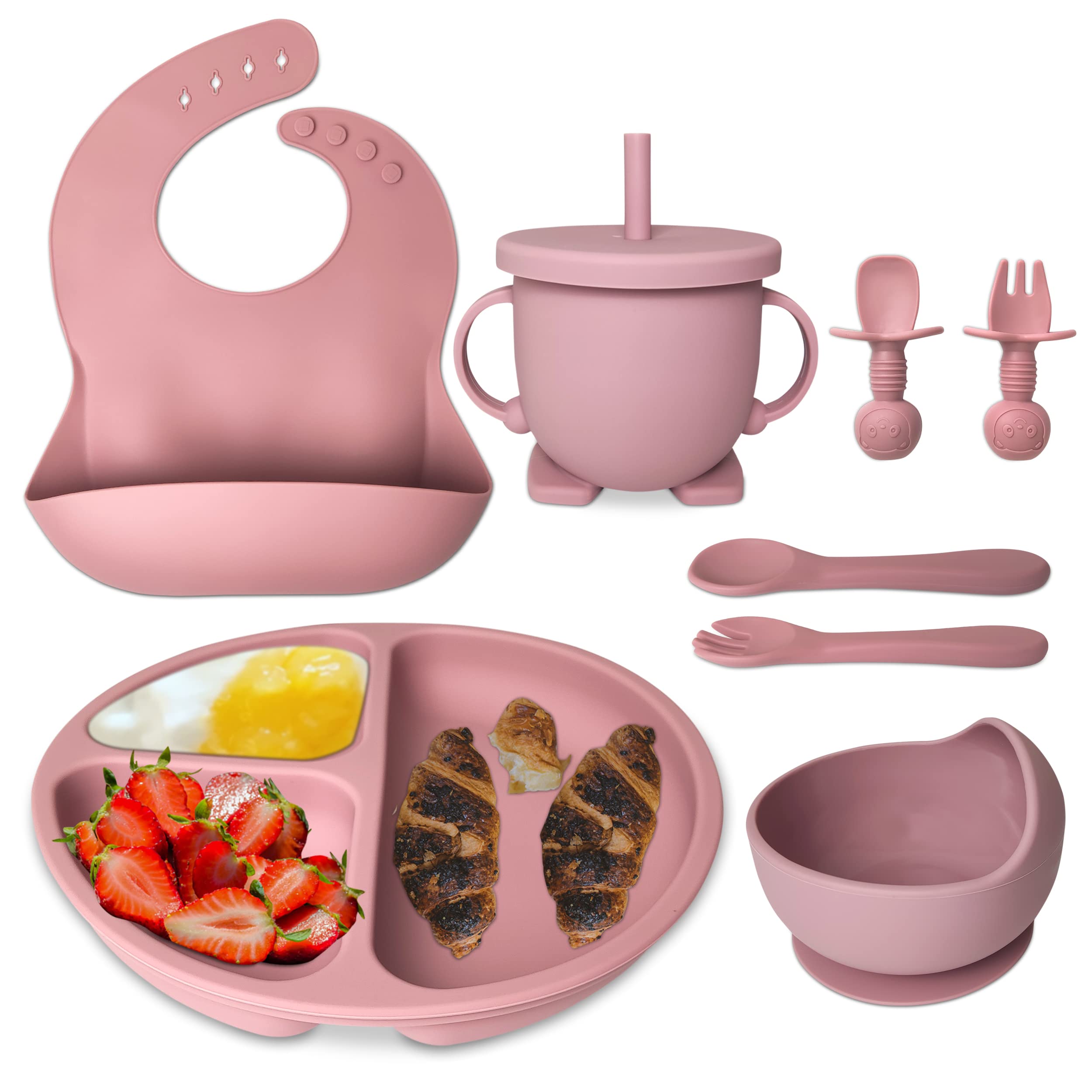 mutualproducts - Baby Feeding Supplies 8-Piece | Baby Led Weaning Utensils Set Includes Suction Bowl and Plate, Spoon and Fork, Sippy Cup with Straw and Lid (Peach Pink)