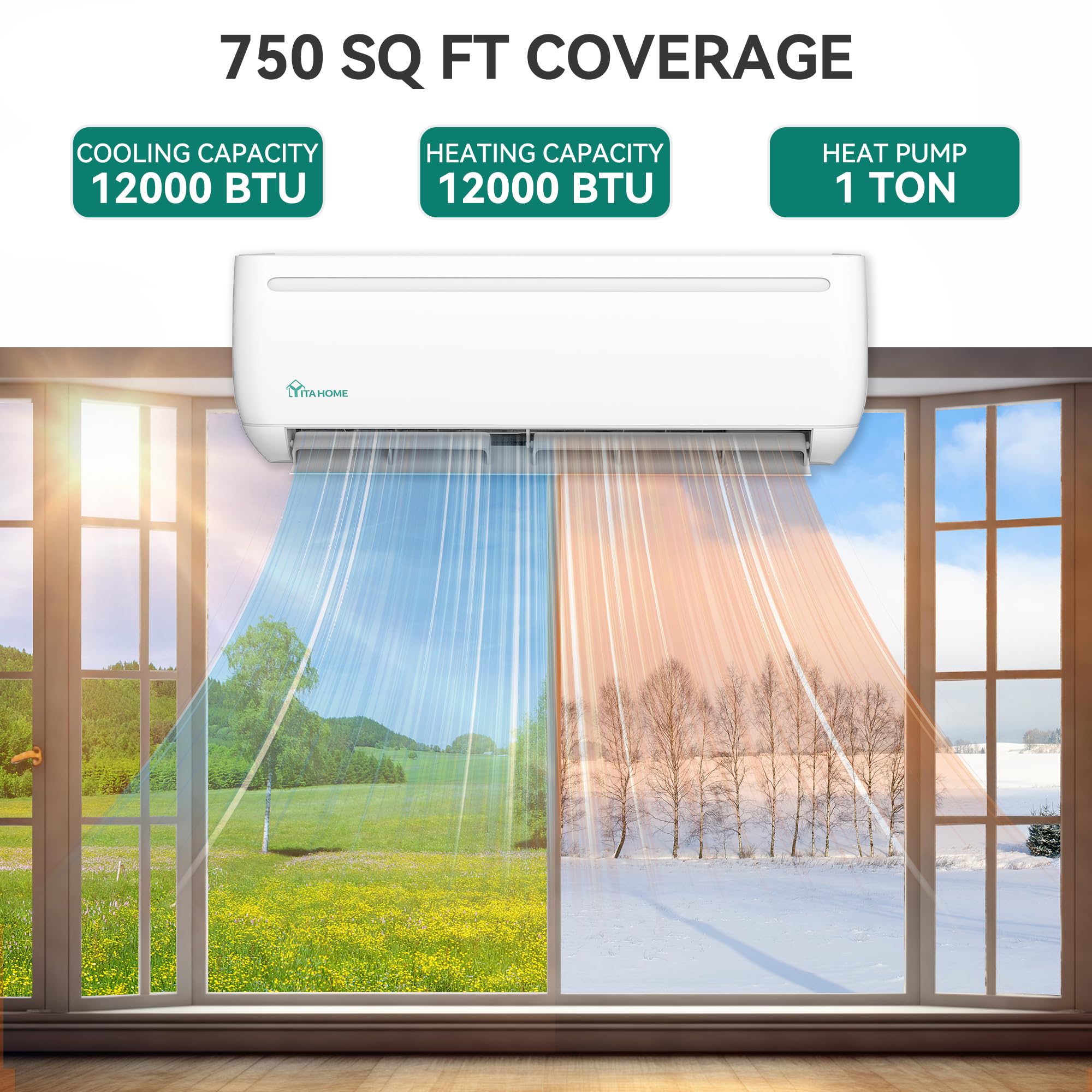 YITAHOME 24000 BTU Mini Split Air Conditioner Heat Pump System, Wifi Enabled 21 SEER2 208-230V Ductless AC Cool Up to 1500 Sq. Ft, Compatible with Alexa, Complete Installation Kit, White