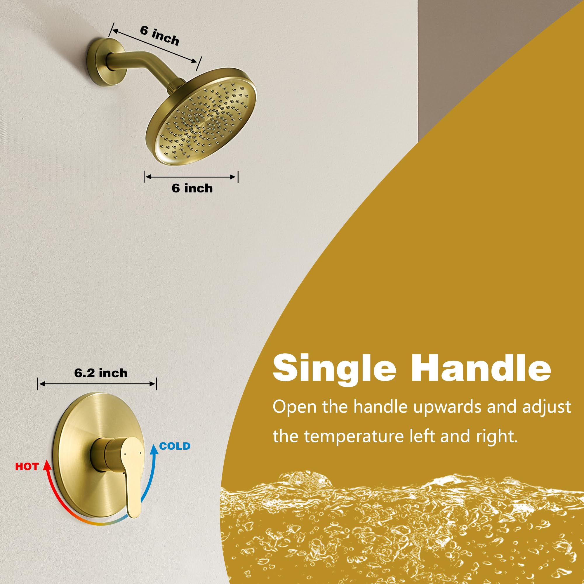 Tohlar Gold Shower Faucet, Single-Handle Shower Faucet Set with 6 Inch Rainfall Shower Head and Handle Set Modern Shower Trim Kit with Shower Valve Bath Shower Faucet Kit, Brushed Gold