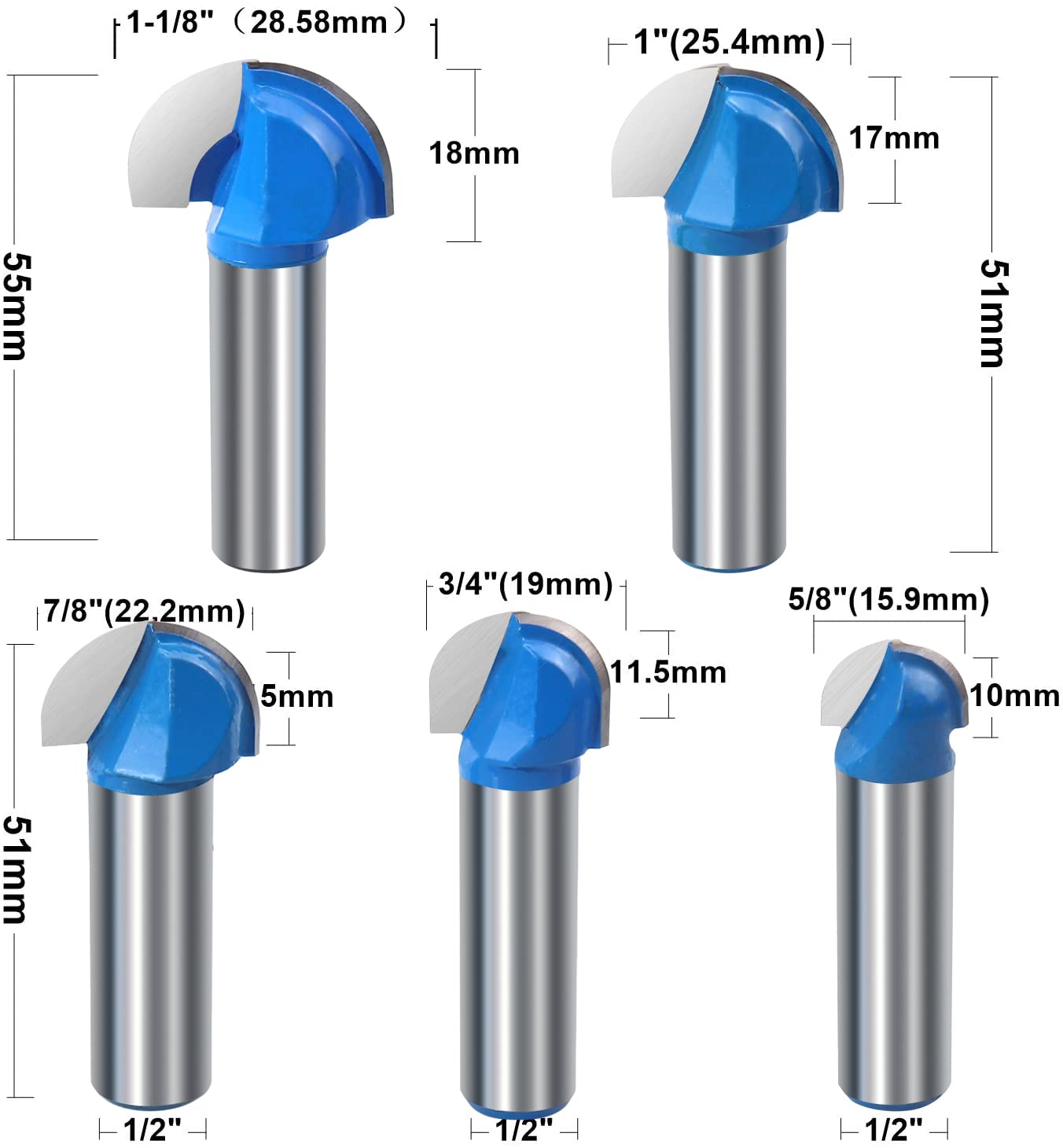 ROOCBIT Core Box Router Bit Set Double Flute Round Nose Router Bit Woodworking Tool Round Groove Router Bit 1/2 Inch Shank -( 5/8" 3/4" 7/8" 1" 1-1/8") 5PCS