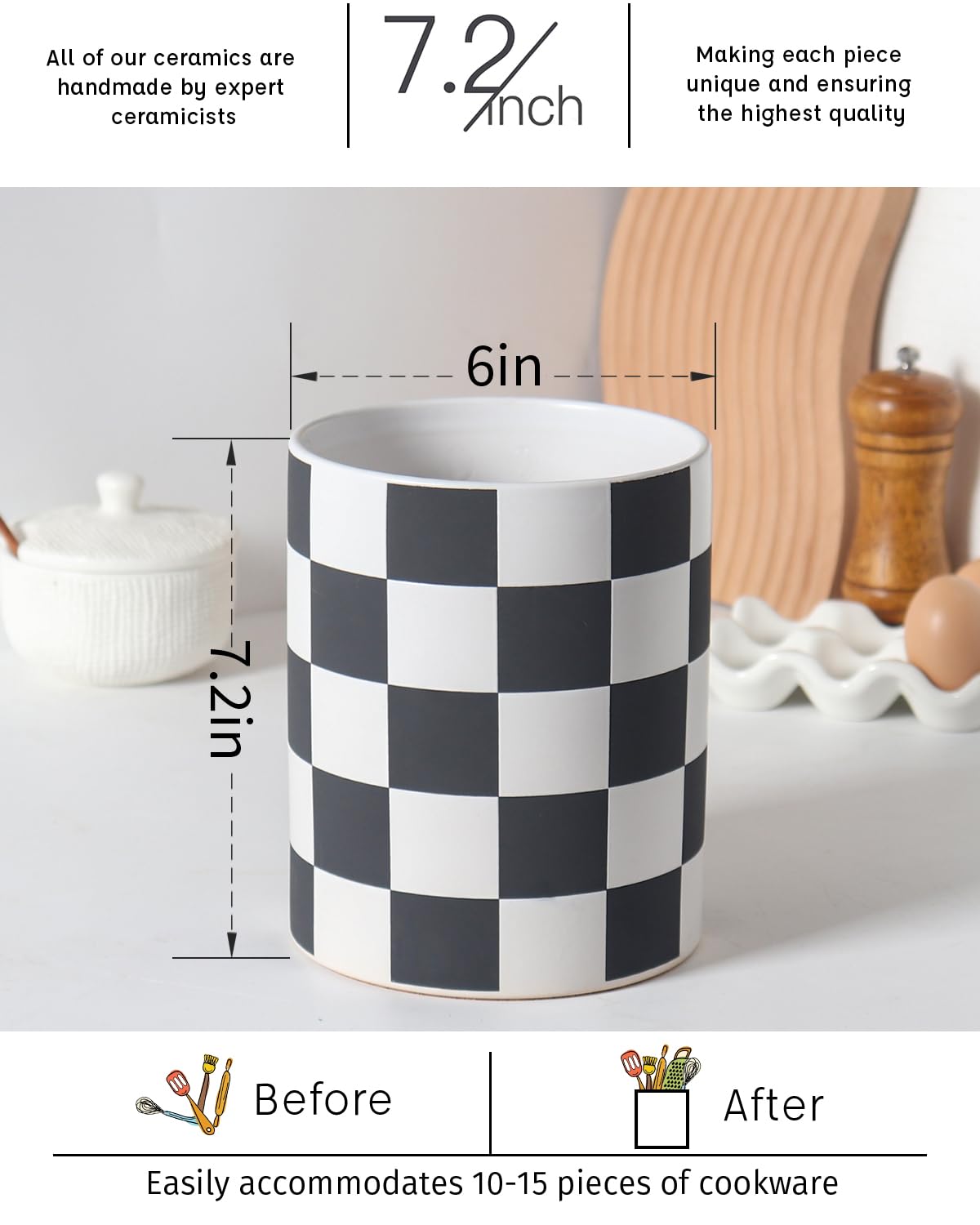 Swkien Utensil Holder,7.2 Inch Checkered Utensil Holder, Ceramic Cooking Utensil Spoon/Spatula Holder for Countertop, Kitchen Decor and Accessories for counte(Black)