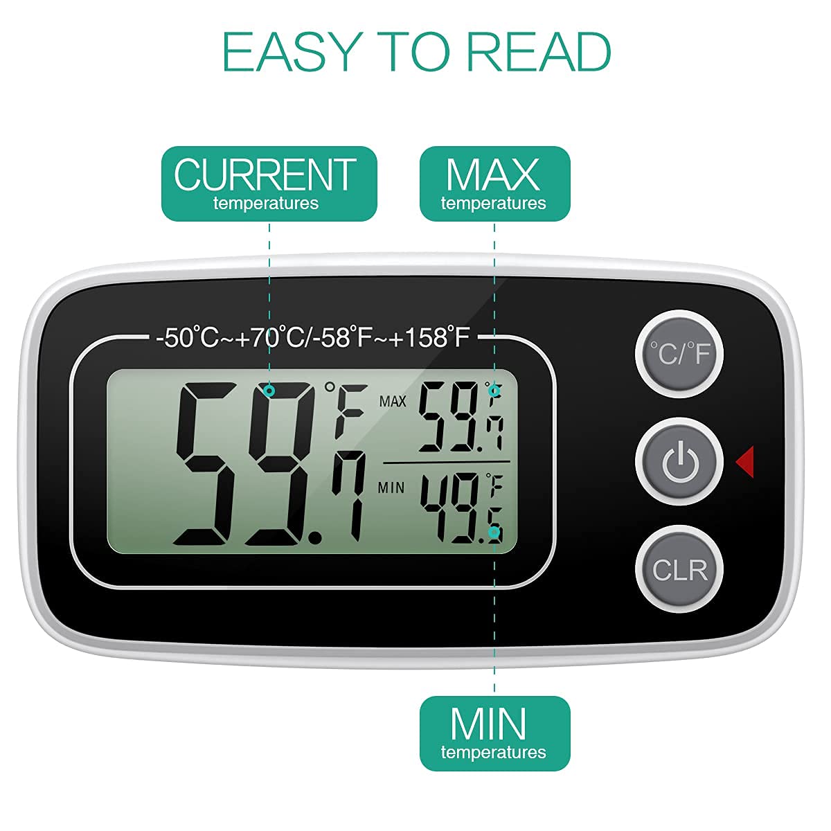 ORIA Refrigerator Thermometer, Digital Freezer Fridge with Thermometer Max and Min Display for Room, Refrigerator, Kitchen, Large LCD Display, 2 Pack, Black