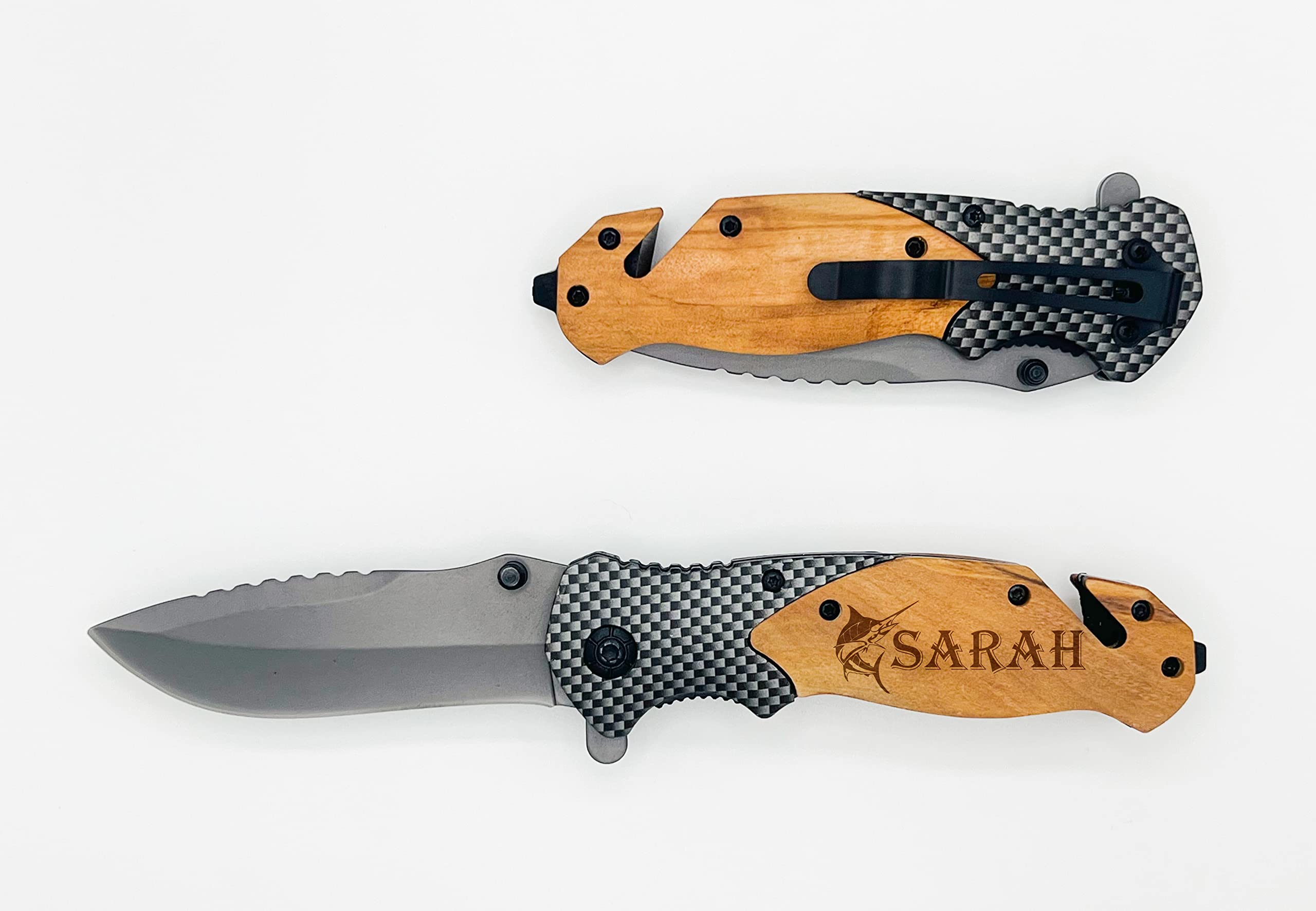 Personalized Olive Handled Laser Engraved Custom Pocket Knife Multi Tool Rope Cutter Outdoors Hunting Fishing Steel Blade Camping (Deep Sea Fishing Marlin Sailfish)