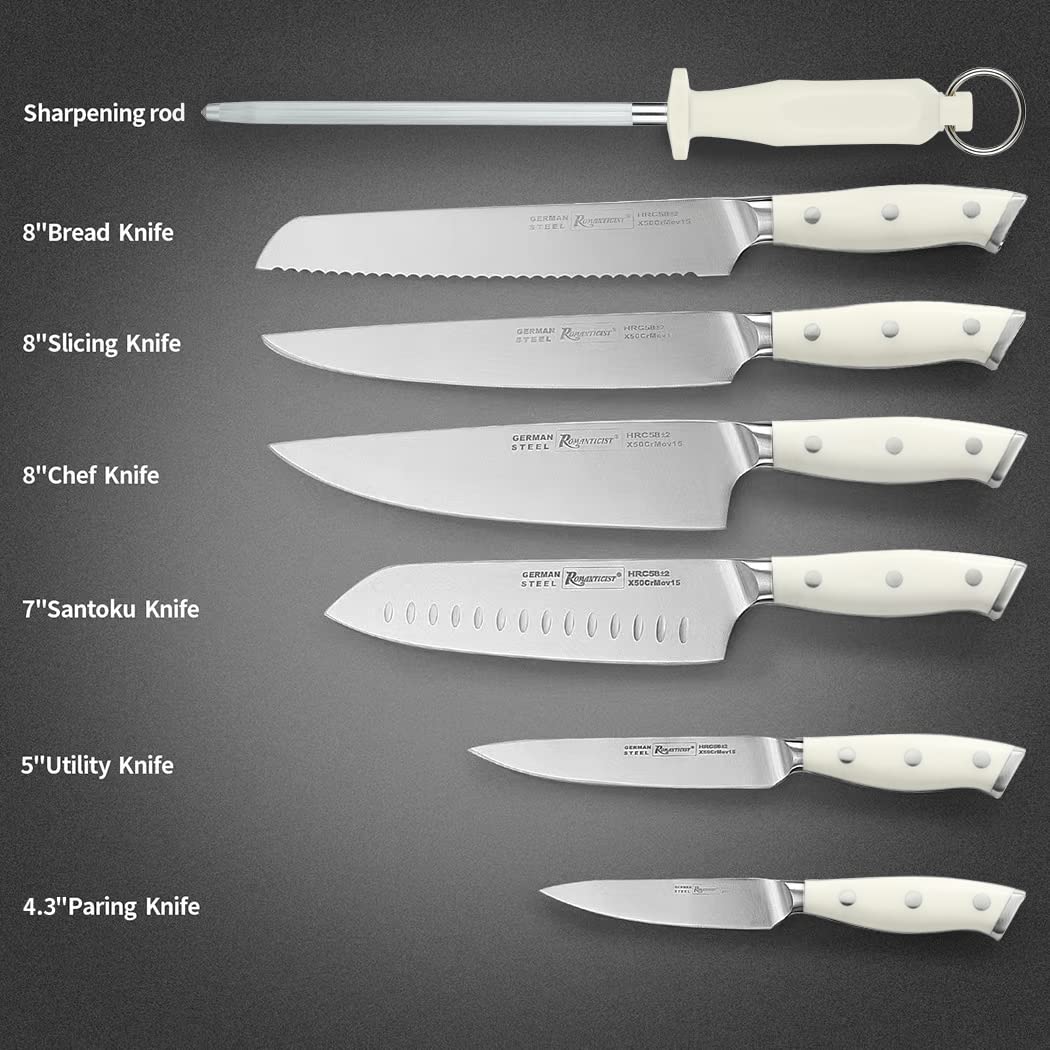 ROMANTICIST 16-Piece German Stainless Steel Sturdy Durable Kitchen Knives, Razor Sharp,Knife Set with Block,Cutting Board and Knife Sharpner, White