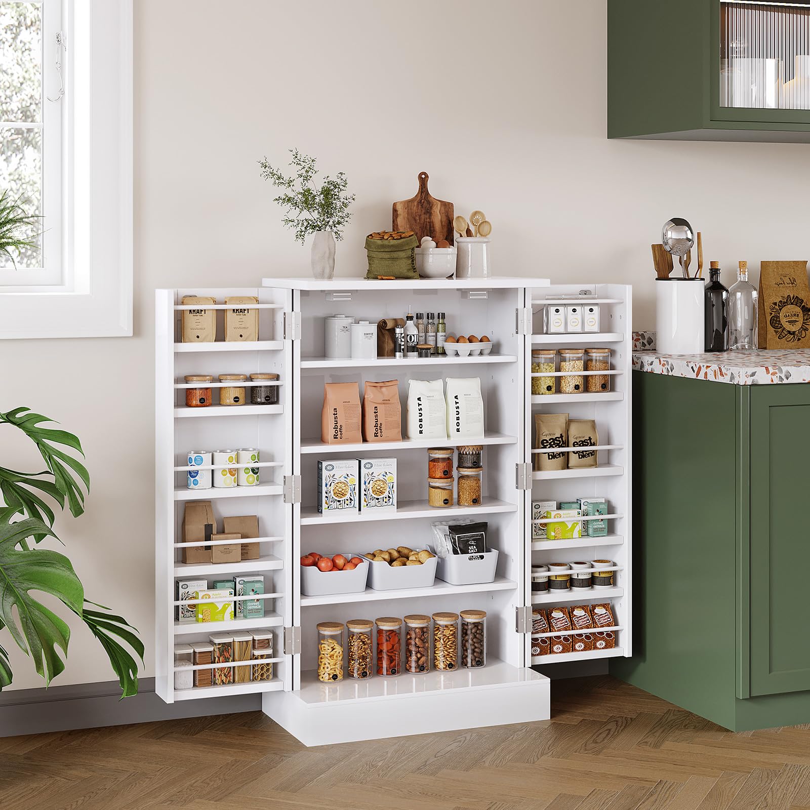 VEELOK 41" Pantry Cabinet with Doors and Adjustable Shelves, White Freestanding Kitchen Pantry Storage Cabinet for Snacks, Food Pantry Cabinet for Small Space, Pantry Closet Cupboard