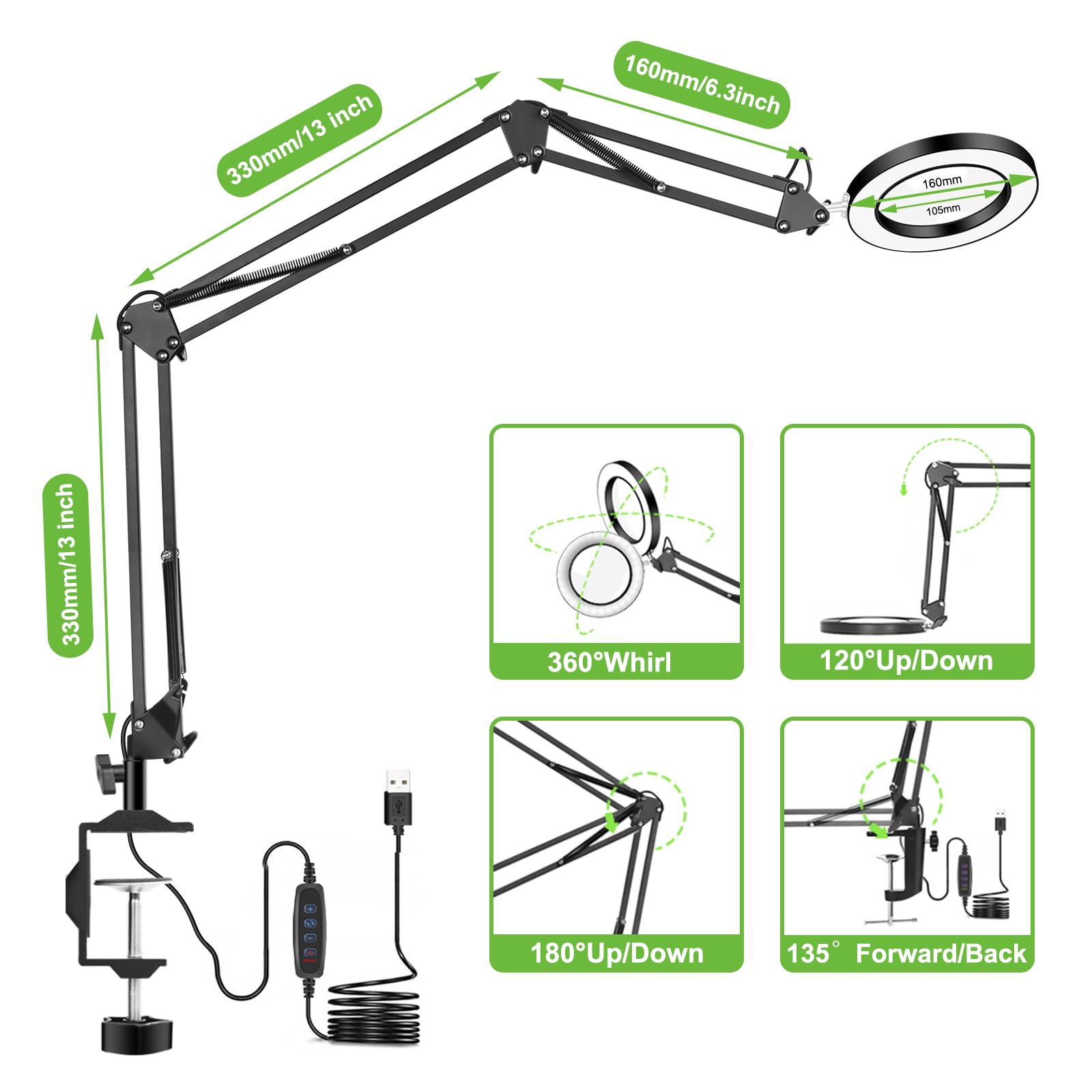 Magnifying Glass with Light, Longer Magnifying Desk Lamp with 3-Section Swing Arm and Big Clamp, 3 Adjustable Lighting, 10 Level Brightness Magnifier Light for Reading/Office/Soldering