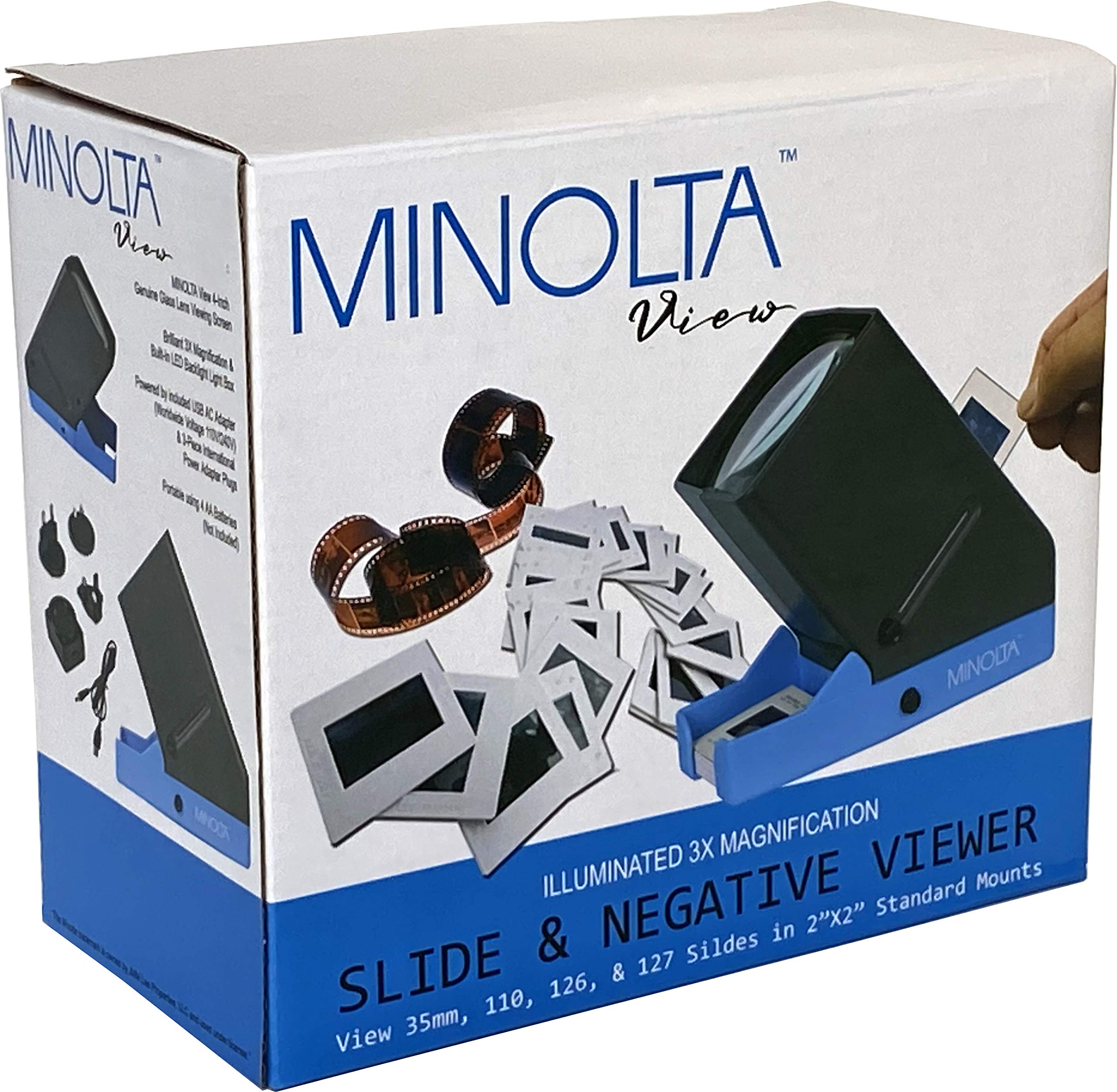 MINOLTA 35mm Desk Top Portable LED Slide and Negative Viewer Luminated 3X Magnify β for 2"x2" Slides & Positive Negatives - Worldwide AC Adapter & Plugs, Battery Operation & Cloth