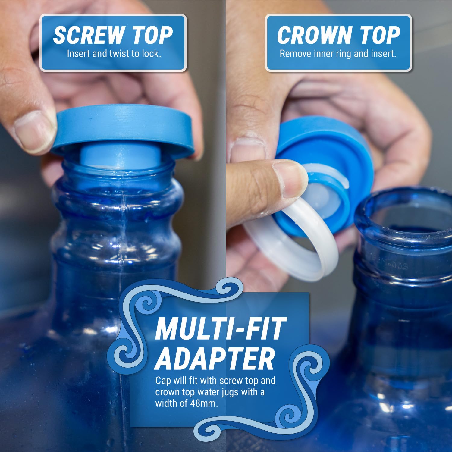 TERA PUMP TRRWC02 Reusable No-Splash Cap for 48mm Screw Top Snap on Crown Top, 3 Gallon to 6 Gallon Bottle Water Dispensers with Probes