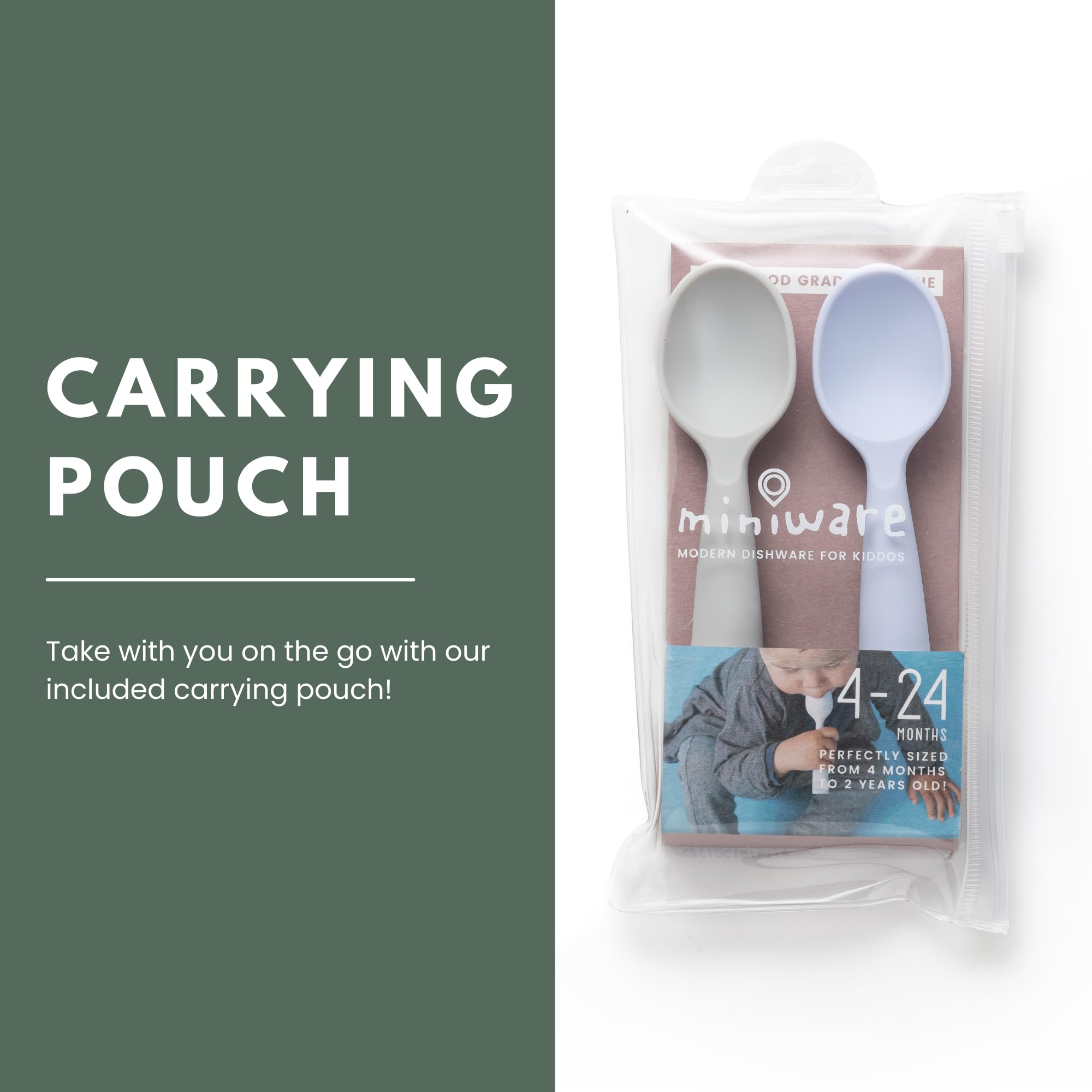 Miniware Silicone Baby Spoon for Training - BPA Free Baby Utensils - Baby Spoons Self Feeding 6 Months | 100% Food Grade Silicone - Modern & Dishwasher Safe Toddler Spoons (Grey and Lavender)